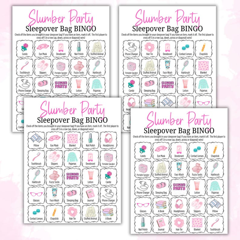 Fun Printable Slumber Party Overnight Bag Bingo Game | Girl Teen or ...