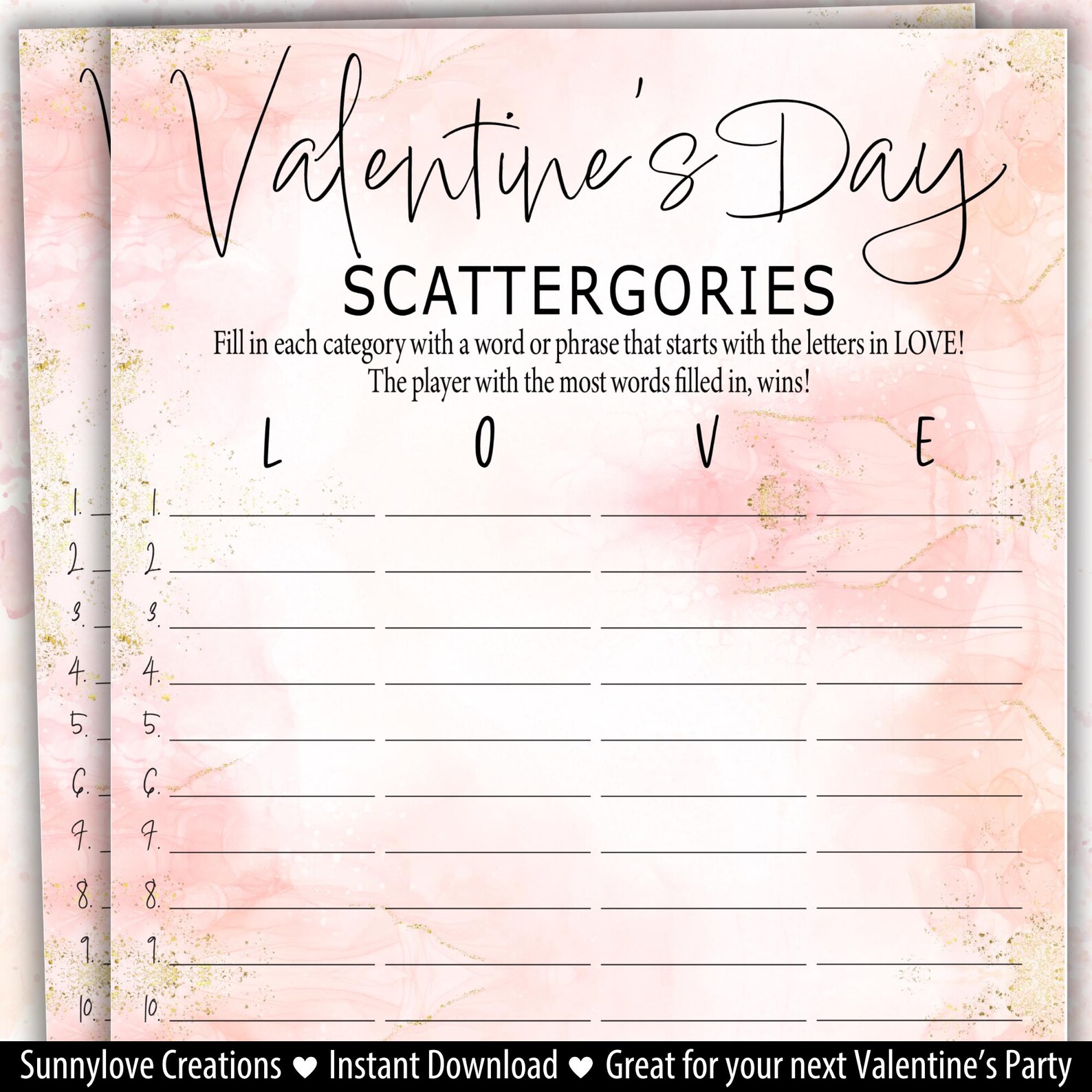 Valentines Scattergories Game | Printable Valentines Party Word Game ...