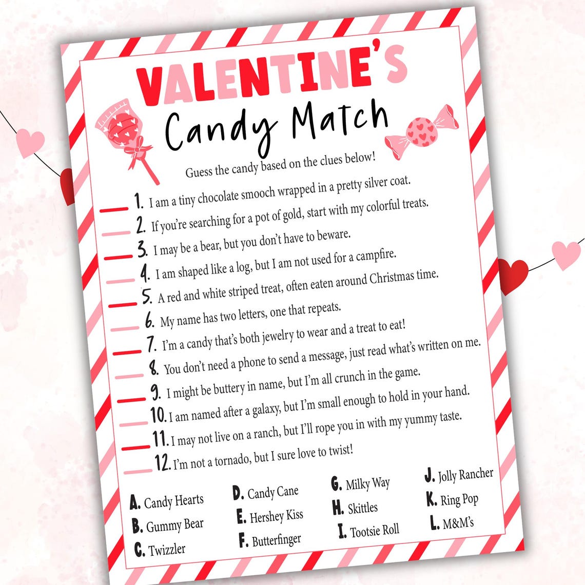 Fun Printable Valentine Candy Match Game With Candy Clues | Valentine ...