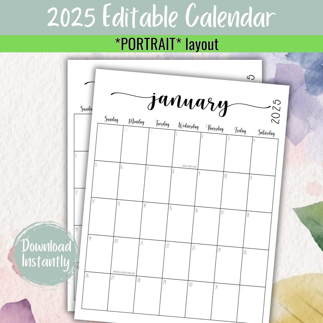 2025 Portrait Printable Calendar Template | Family Organizer | Monthly ...