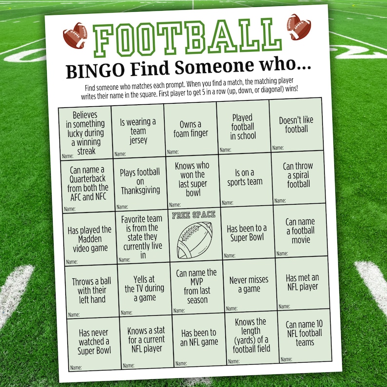 Printable Football Find Someone Who BINGO Game | Football Find the ...