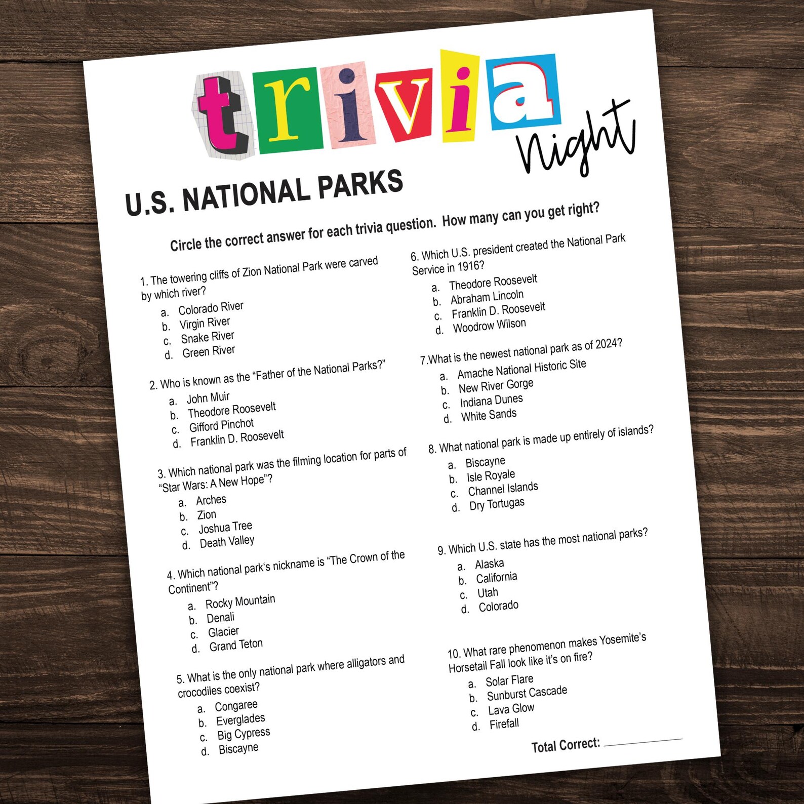 Printable US National Park Trivia Game | Pub Trivia Game Night | Team ...