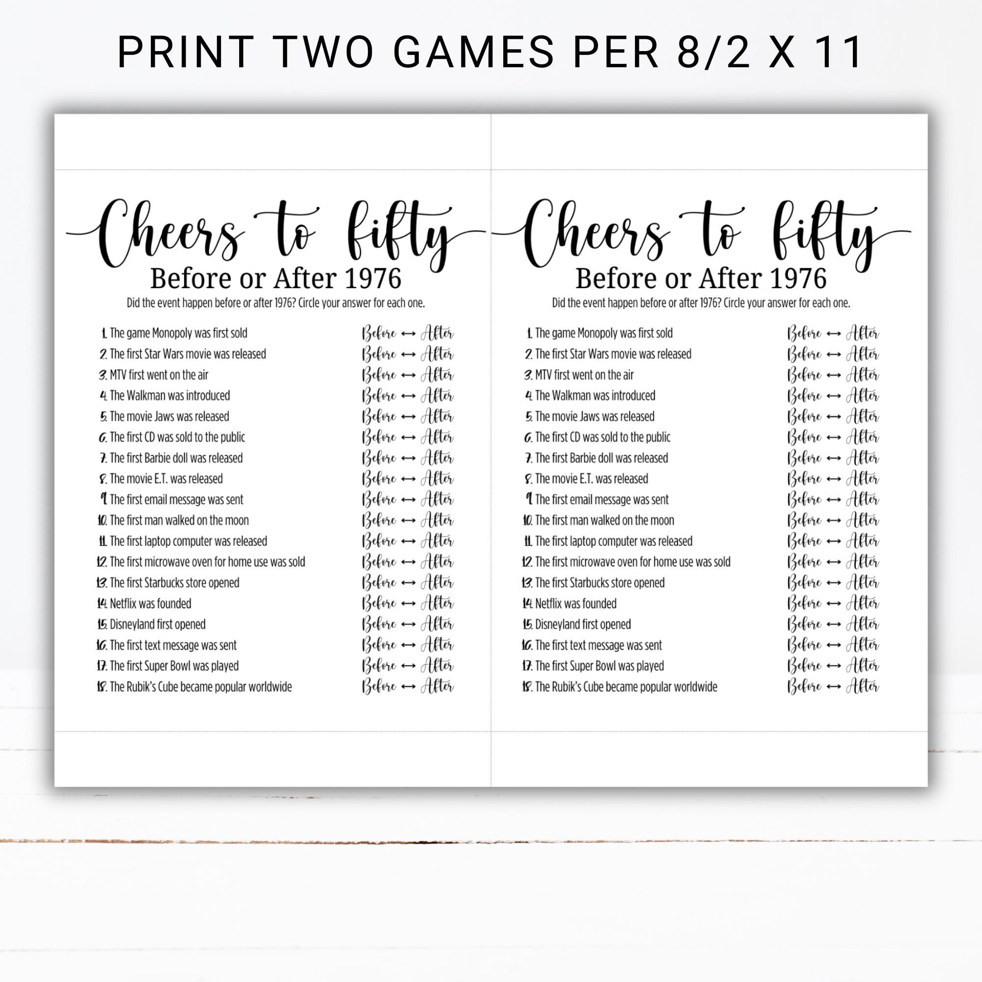 50th Birthday Before or After 1976 Trivia Game | Fun Printable Party ...