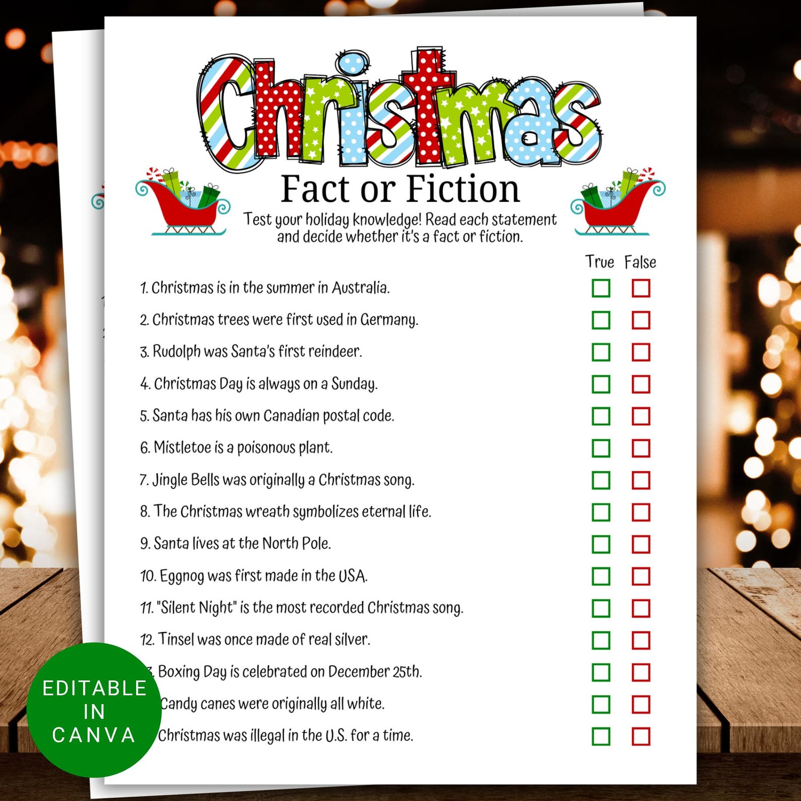 Christmas Fact or Fiction Printable Game | Editable True or False ...