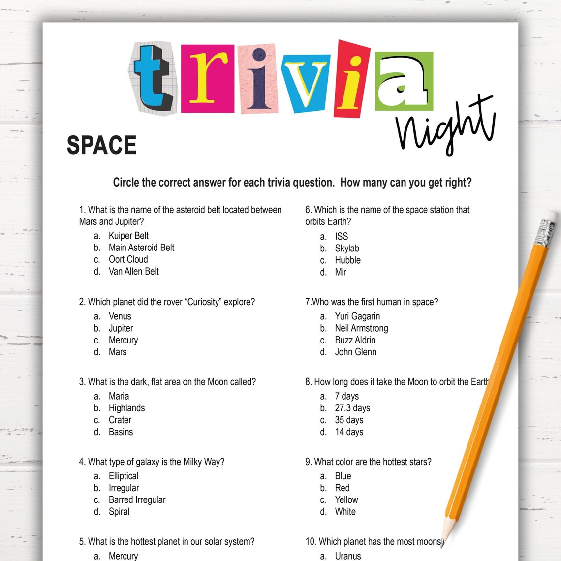 Printable Space Trivia Game | Pub Trivia Game Night | Team Building ...