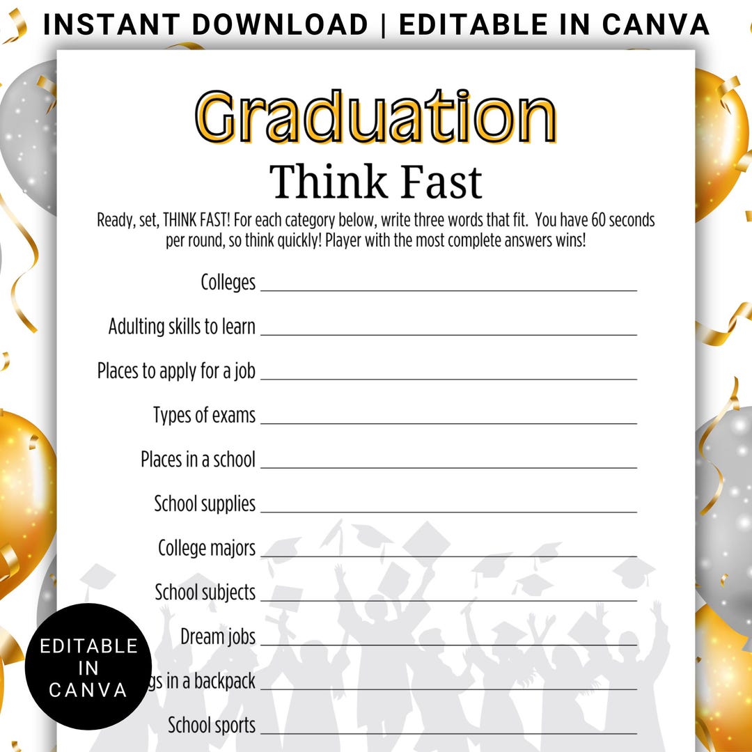 Editable Graduation Think Fast Game Printable Grad Party Activity Fun ...