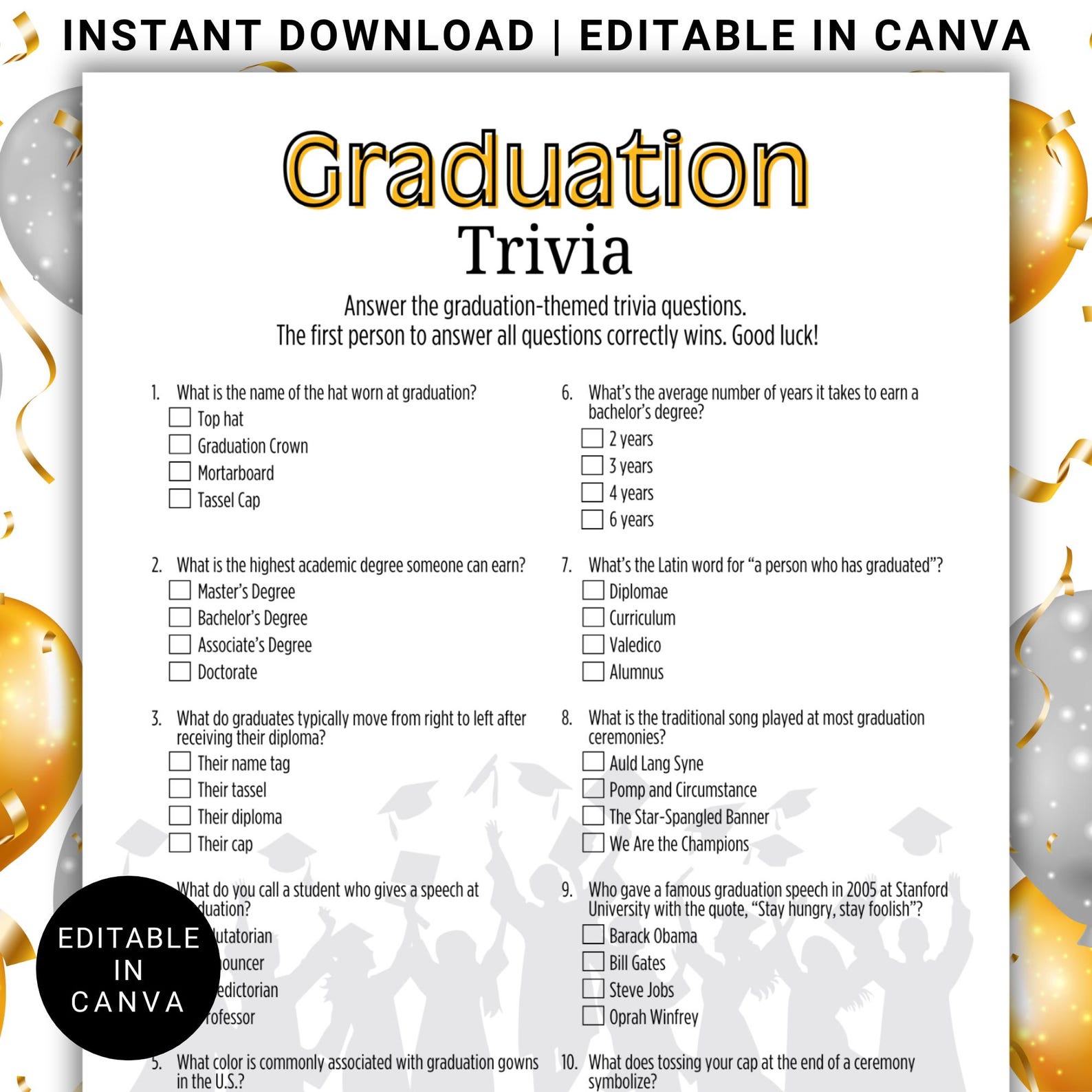 Editable Graduation Trivia Game Printable Grad Party Activity Fun Quiz ...