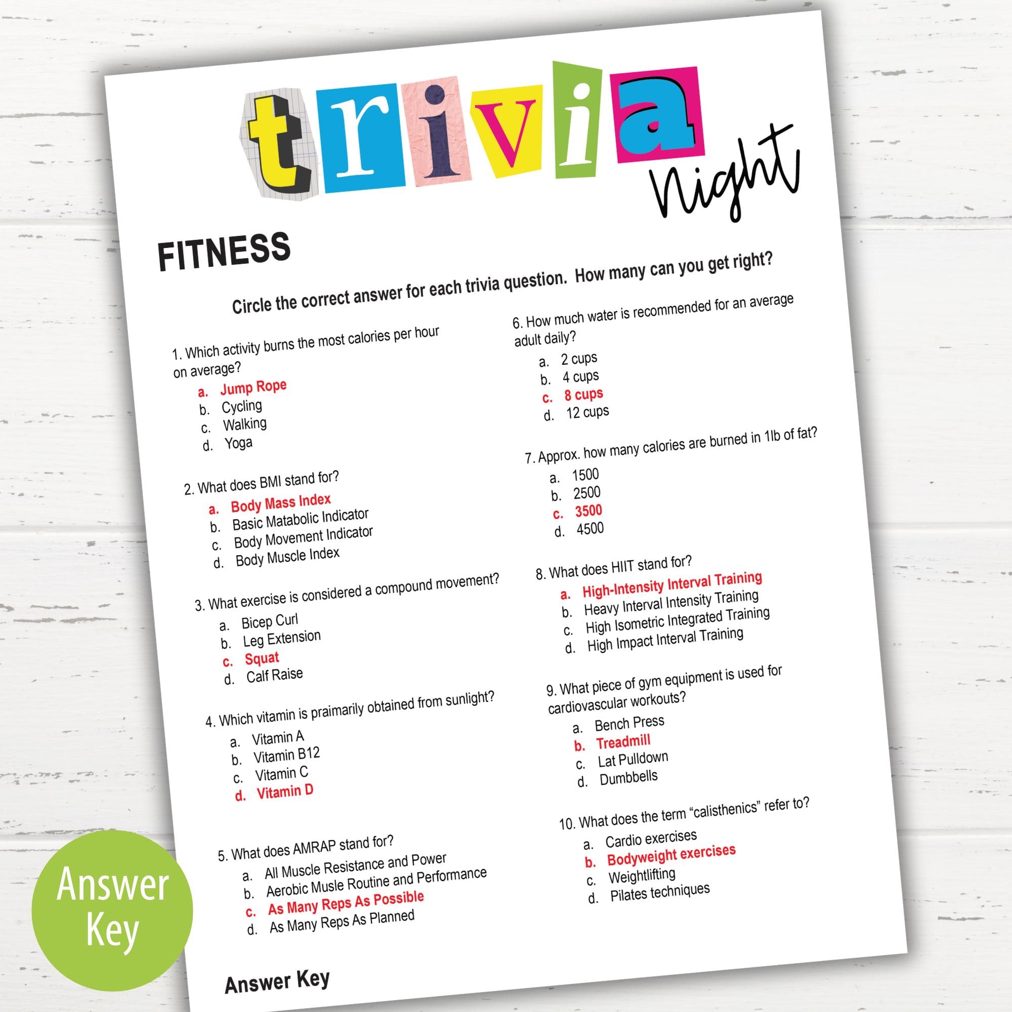 Printable Fitness Trivia Game | Pub Trivia Game Night | Team Building ...