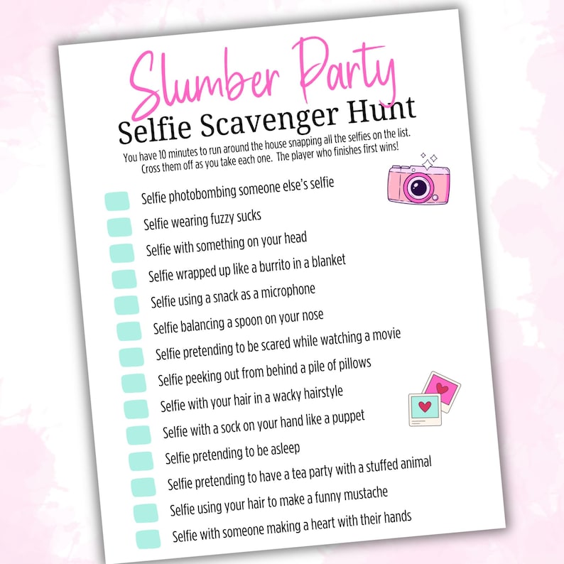 Fun Printable Slumber Party Selfie Scavenger Hunt Game | Girl Teen or ...