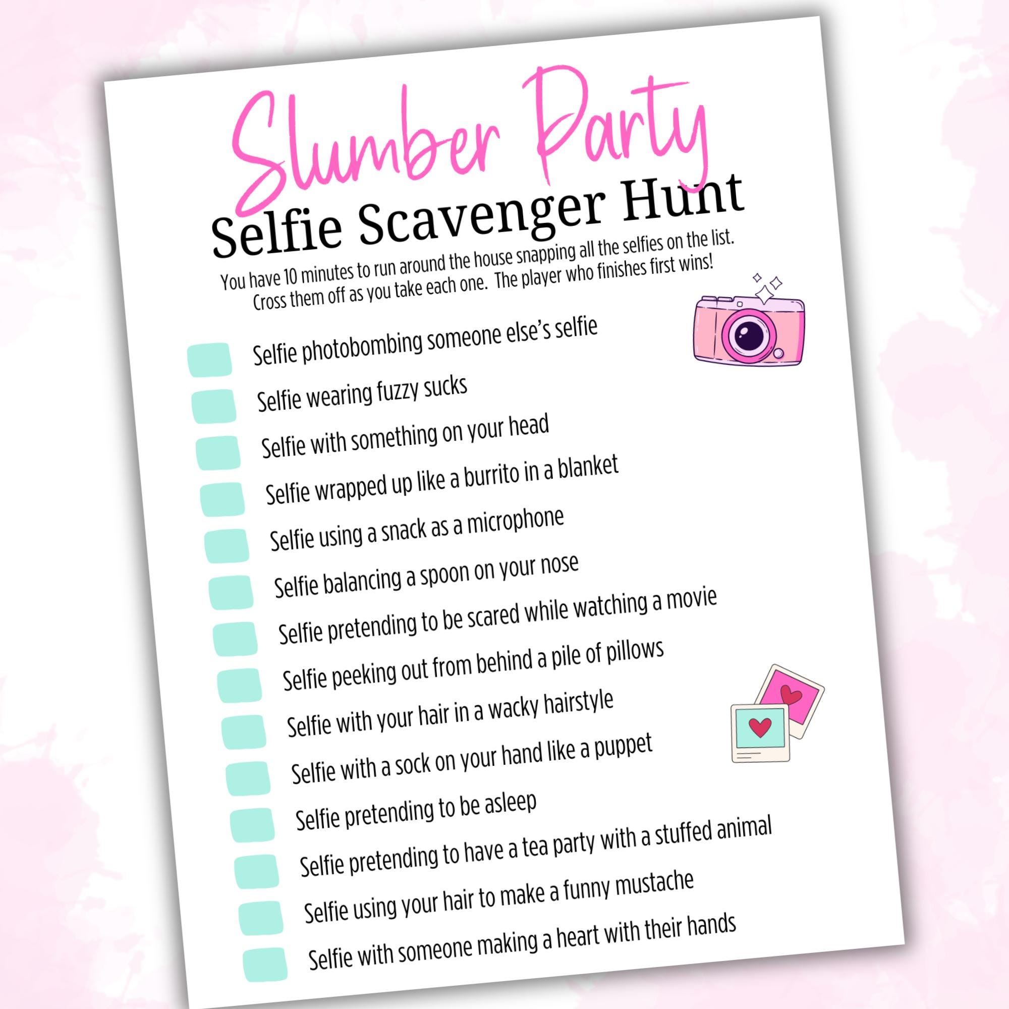 Fun Printable Slumber Party Selfie Scavenger Hunt Game | Girl Teen or ...