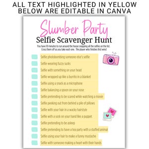 Fun Printable Slumber Party Selfie Scavenger Hunt Game | Girl Teen or ...
