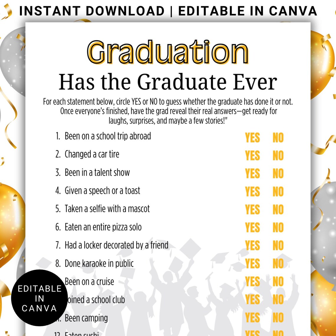 Editable Has the Graduate Ever Game Printable Graduation Party Activity ...