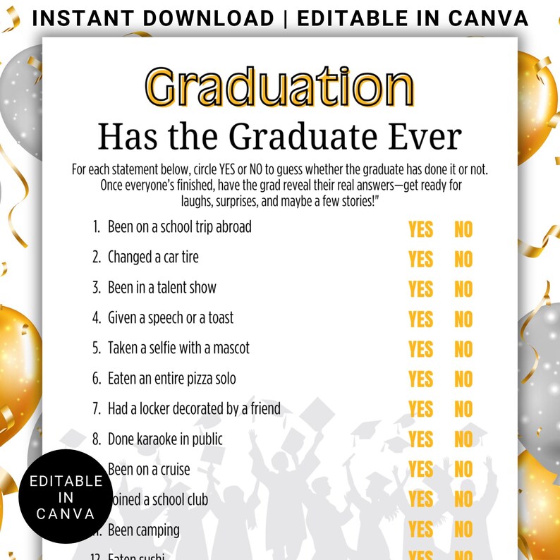 Editable Has the Graduate Ever Game Printable Graduation Party Activity ...