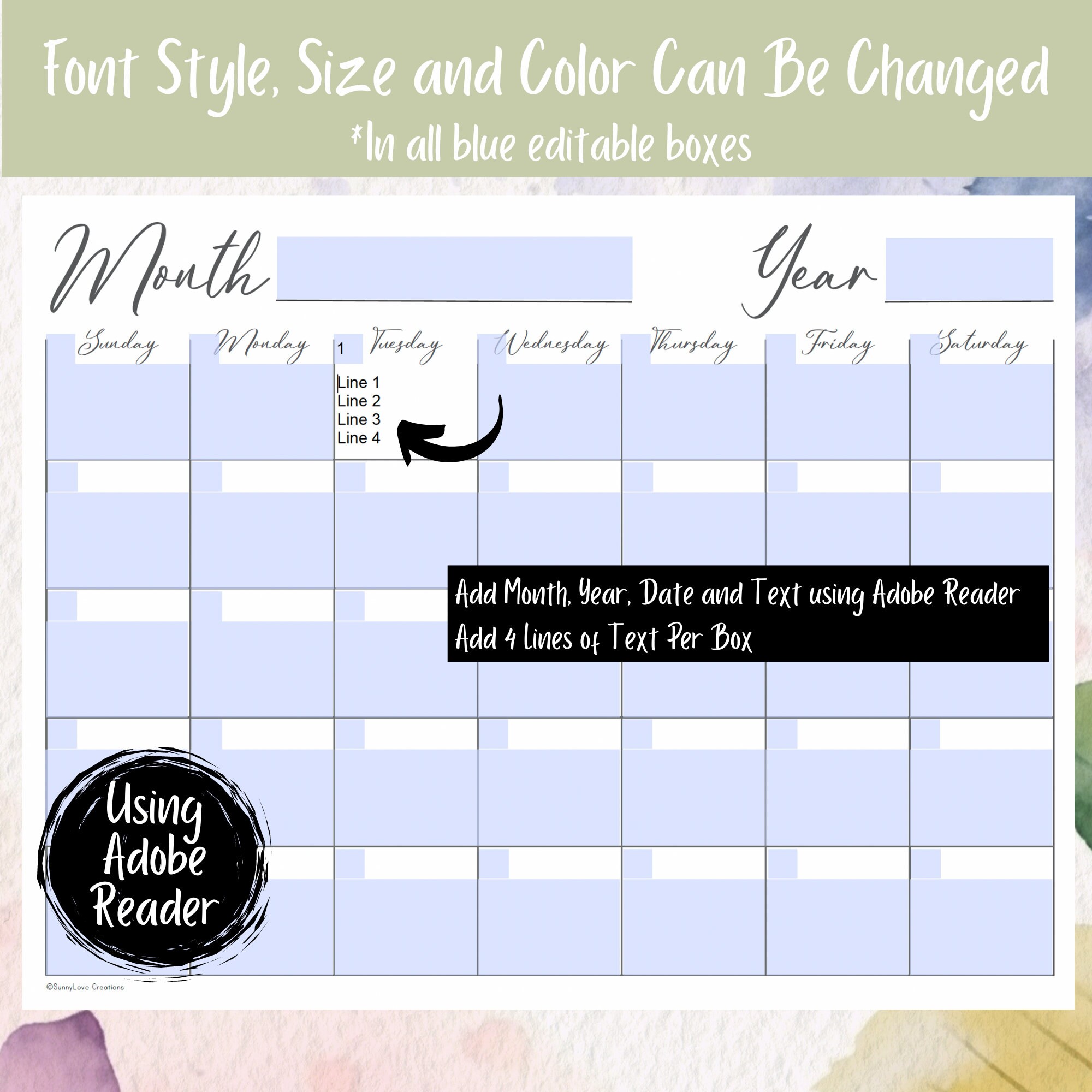 Perpetual Printable Calendar | Blank Landscape Calendar | Editable ...