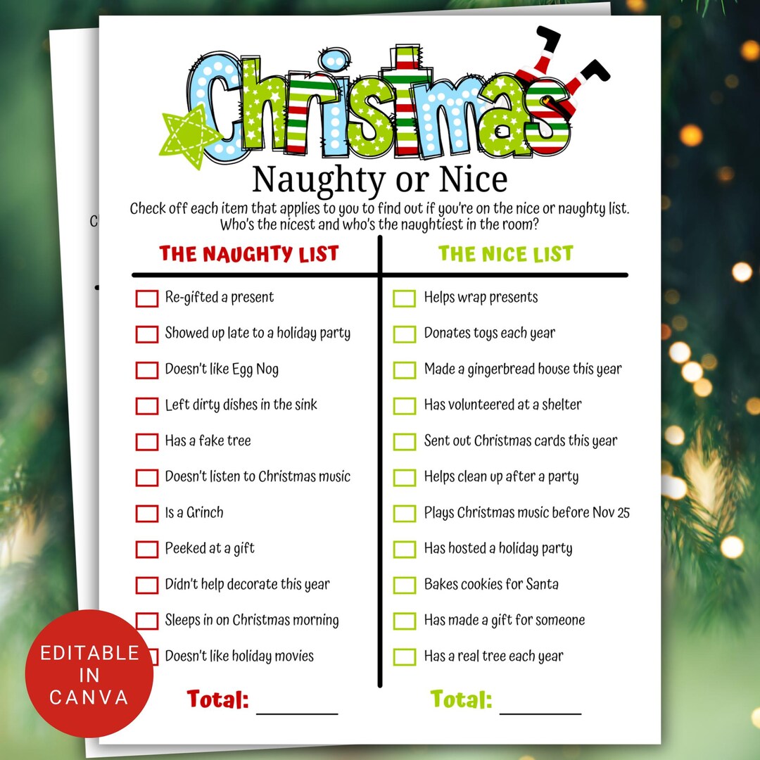 Naughty or Nice Christmas Game Printable | Editable Holiday Party Game ...