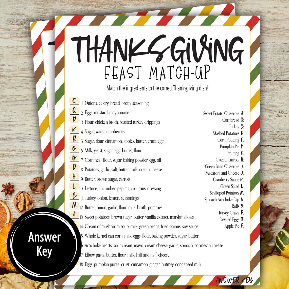 Thanksgiving Recipe Match Game With Border | Thanksgiving Dish ...