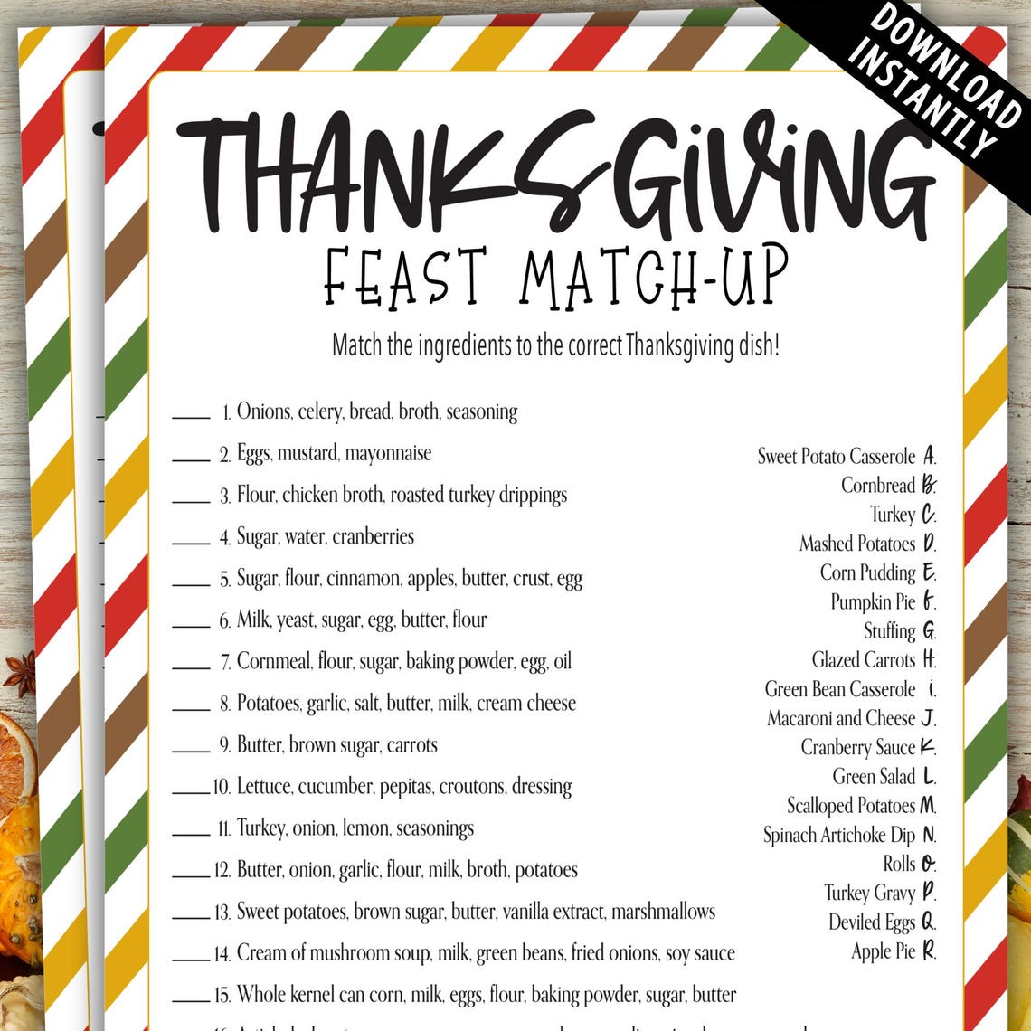 Thanksgiving Recipe Match Game With Border | Thanksgiving Dish ...