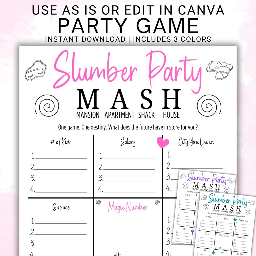 Fun Printable Slumber Party MASH Game Girl Teen or Tween Slumber Party ...