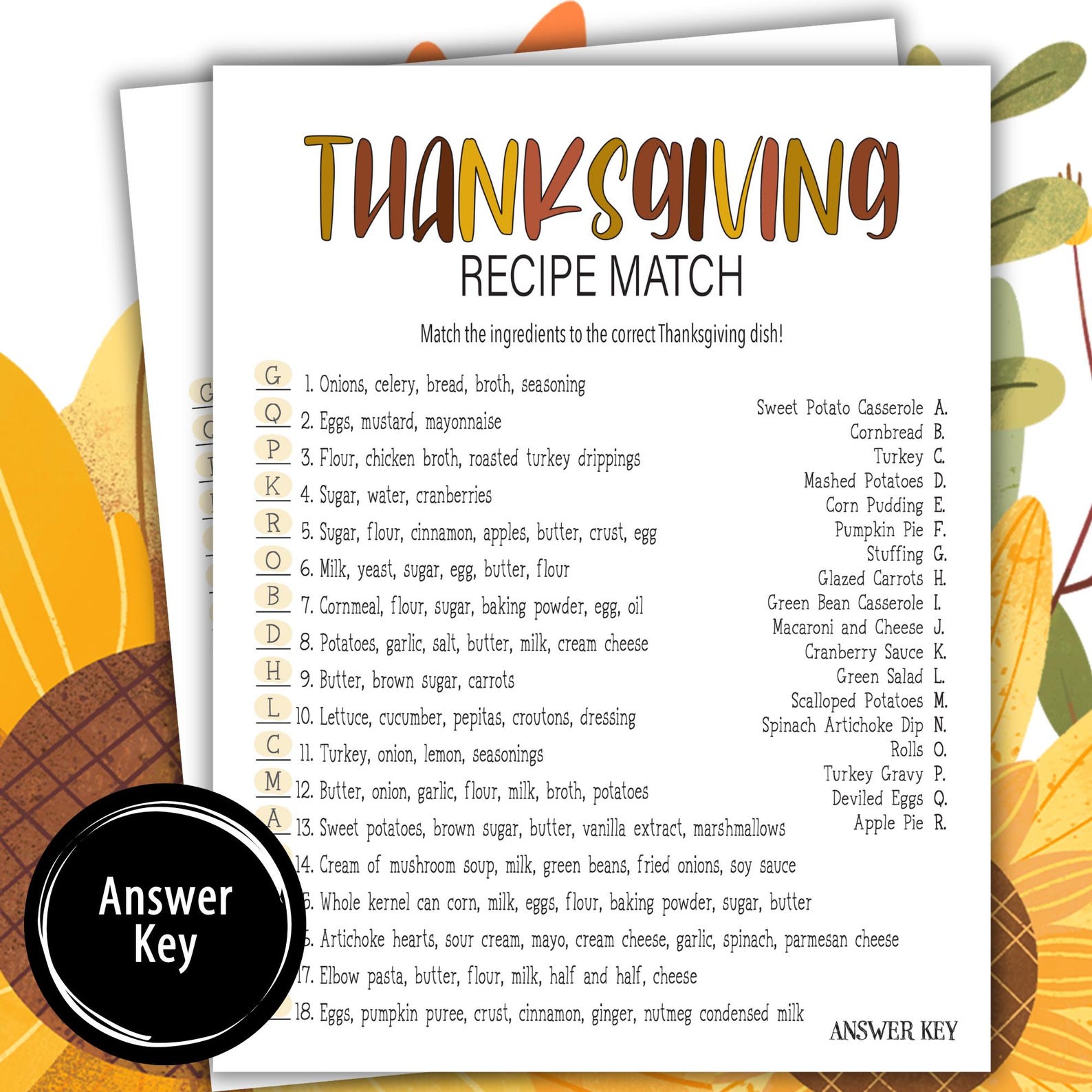 Thanksgiving Recipe Match Game | Thanksgiving Dish Ingredients Game ...