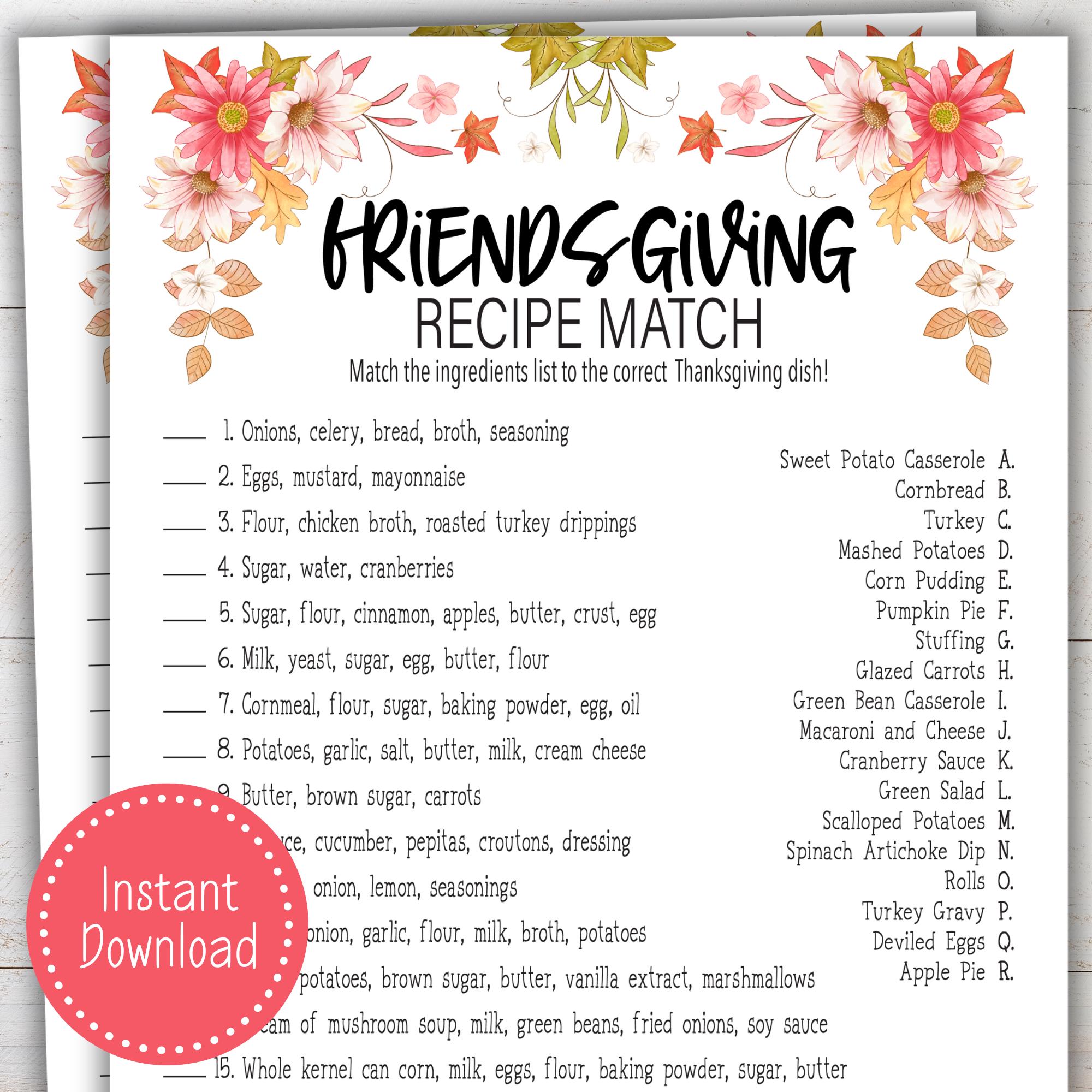 Friendsgiving Recipe Match Game | Friendsgiving Dish Ingredients Game ...