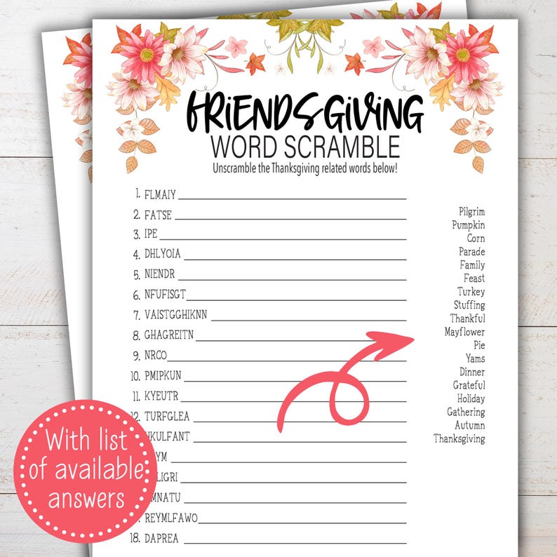 Friendsgiving Word Scramble | Friendsgiving Gathering Game Night ...
