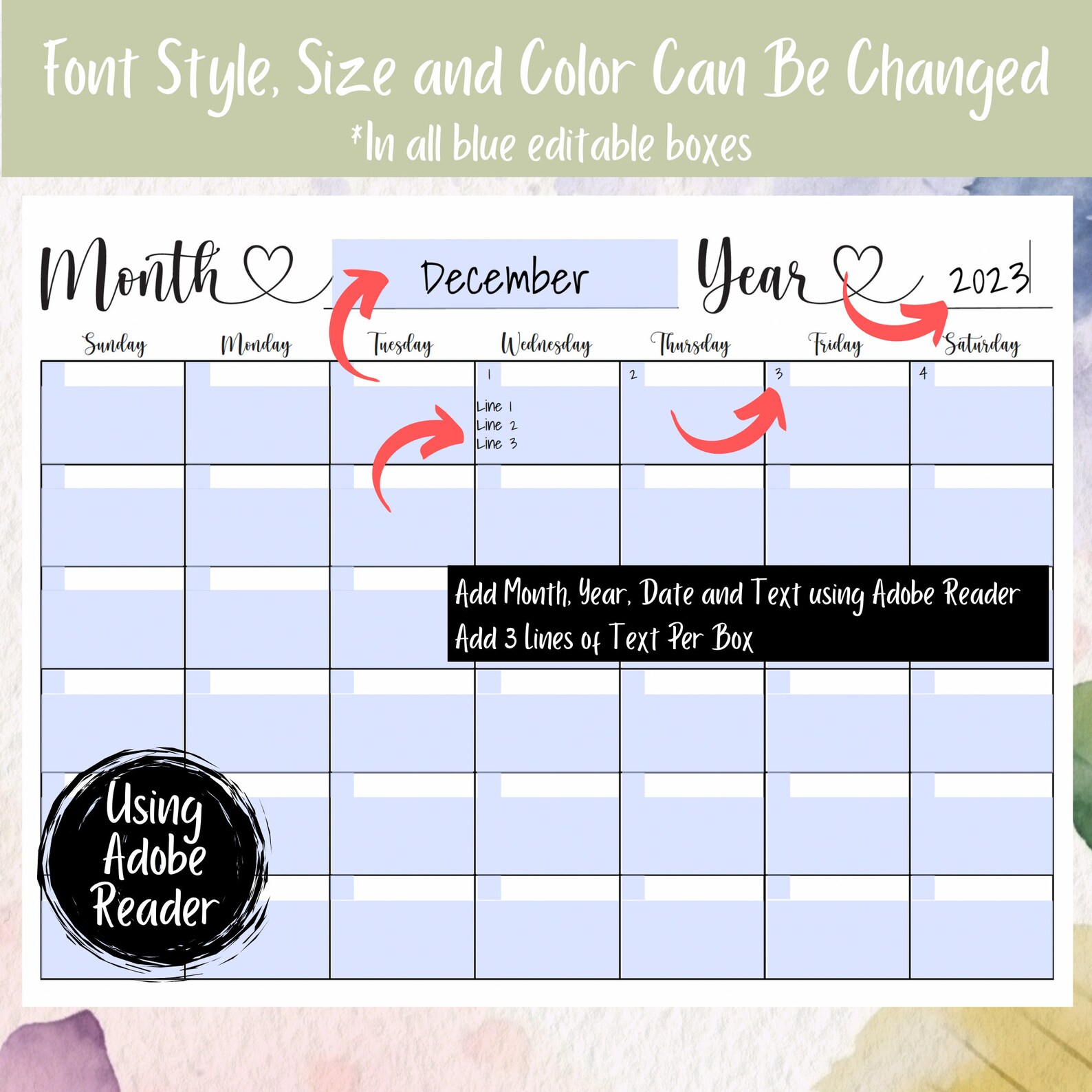 Perpetual Printable Calendar | Blank Landscape Calendar | Editable ...