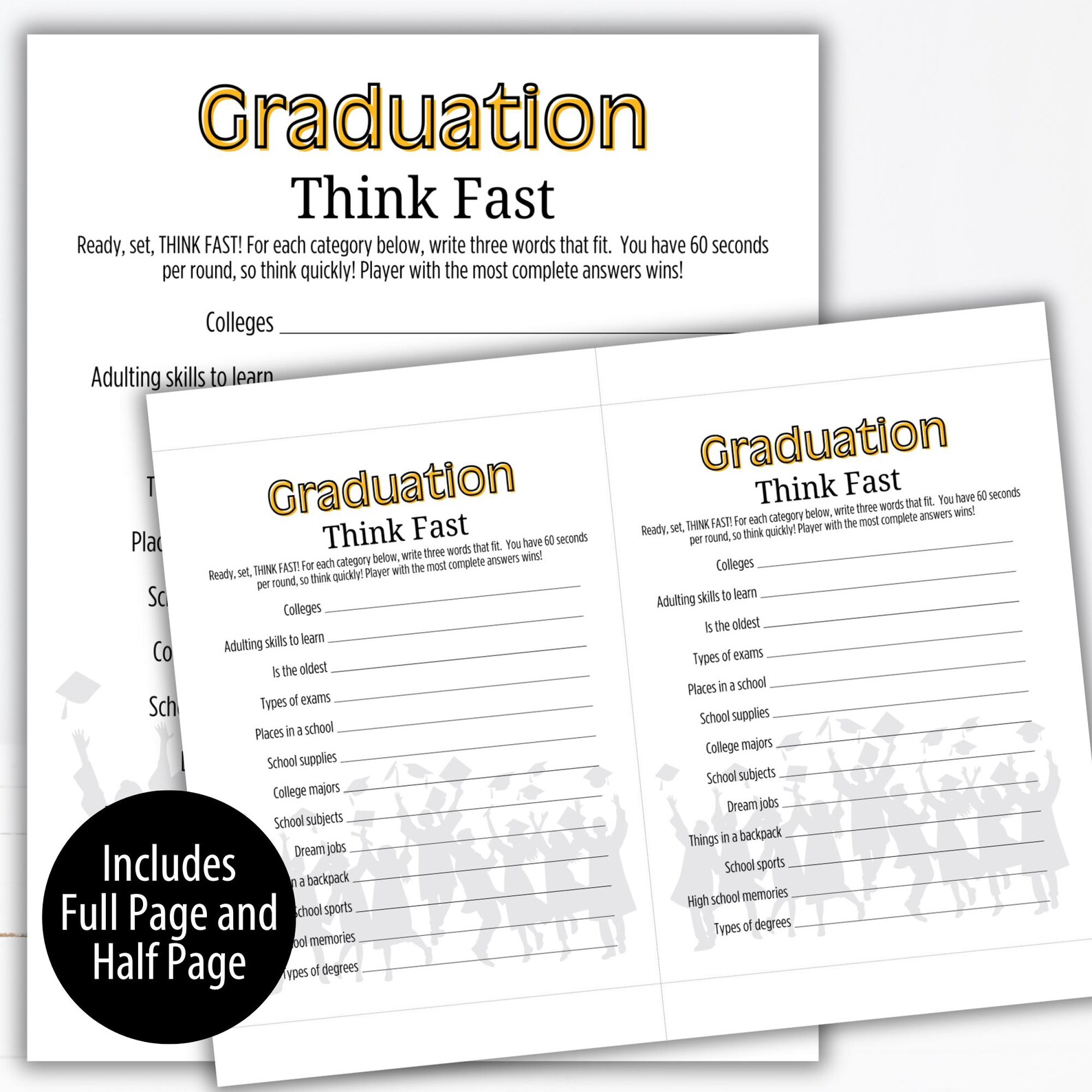 Editable Graduation Think Fast Game Printable Grad Party Activity Fun ...