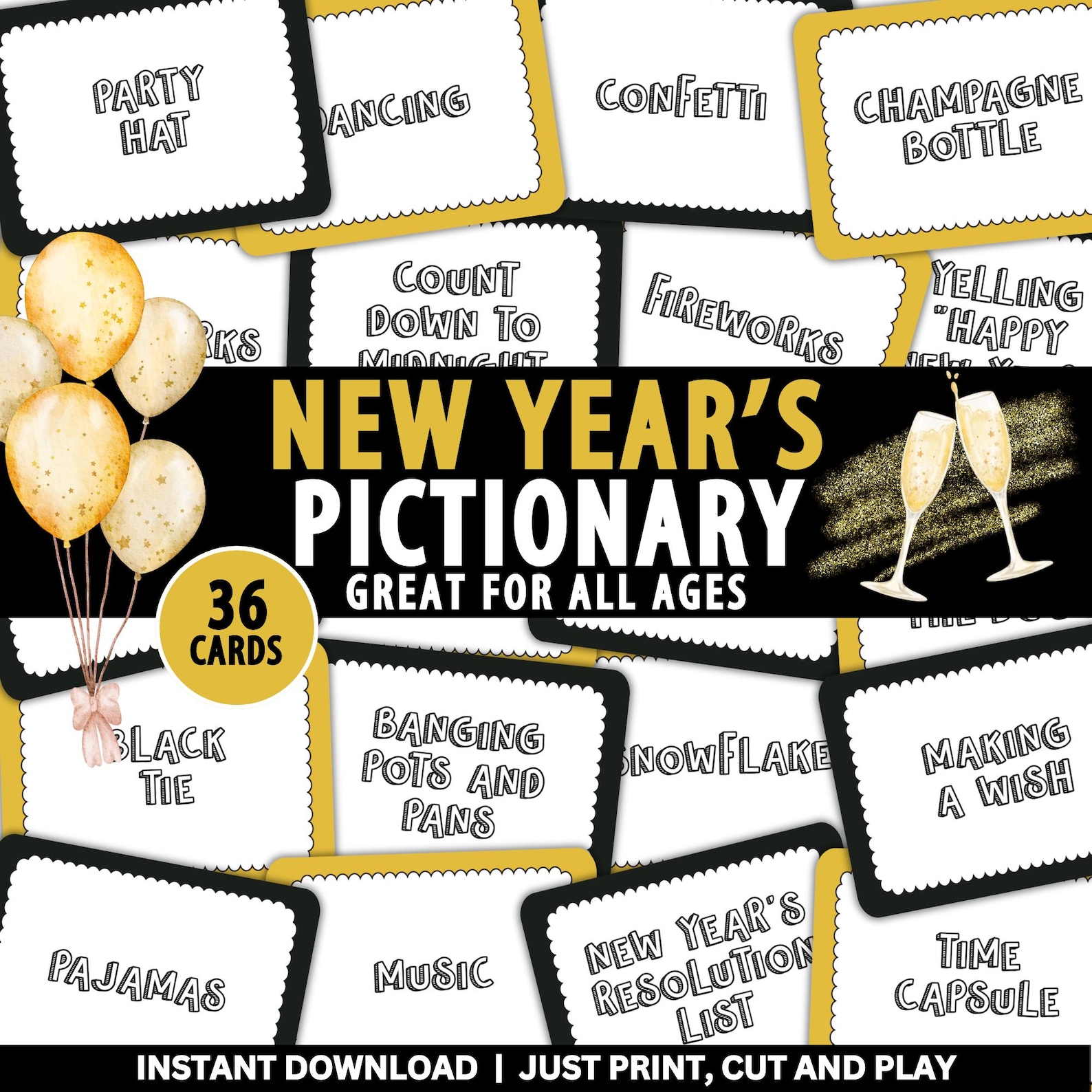 New Years Printable Pictionary Game Gold and Black | New Years Office ...