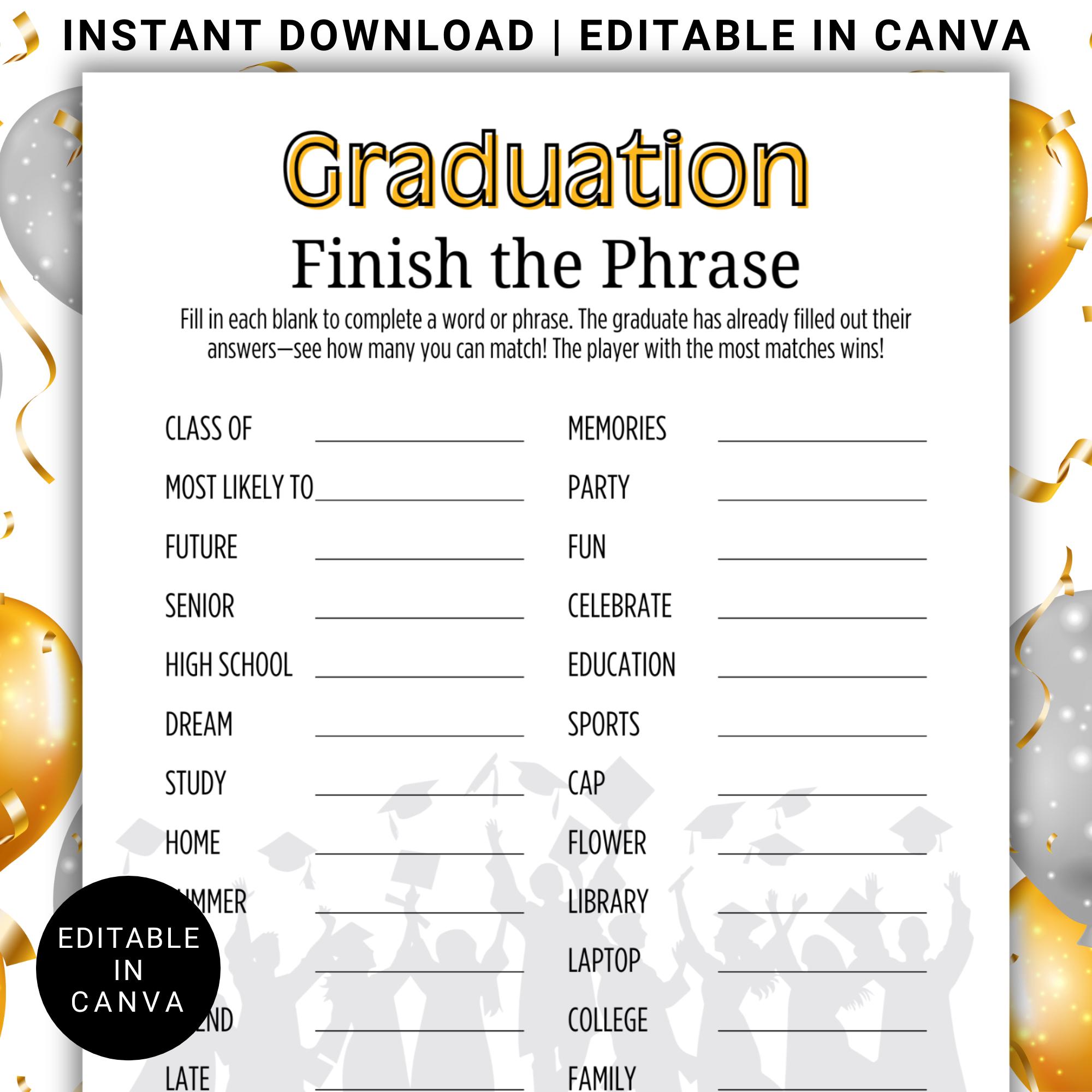 Editable Graduation Finish the Phrase Game Printable Grad Party ...