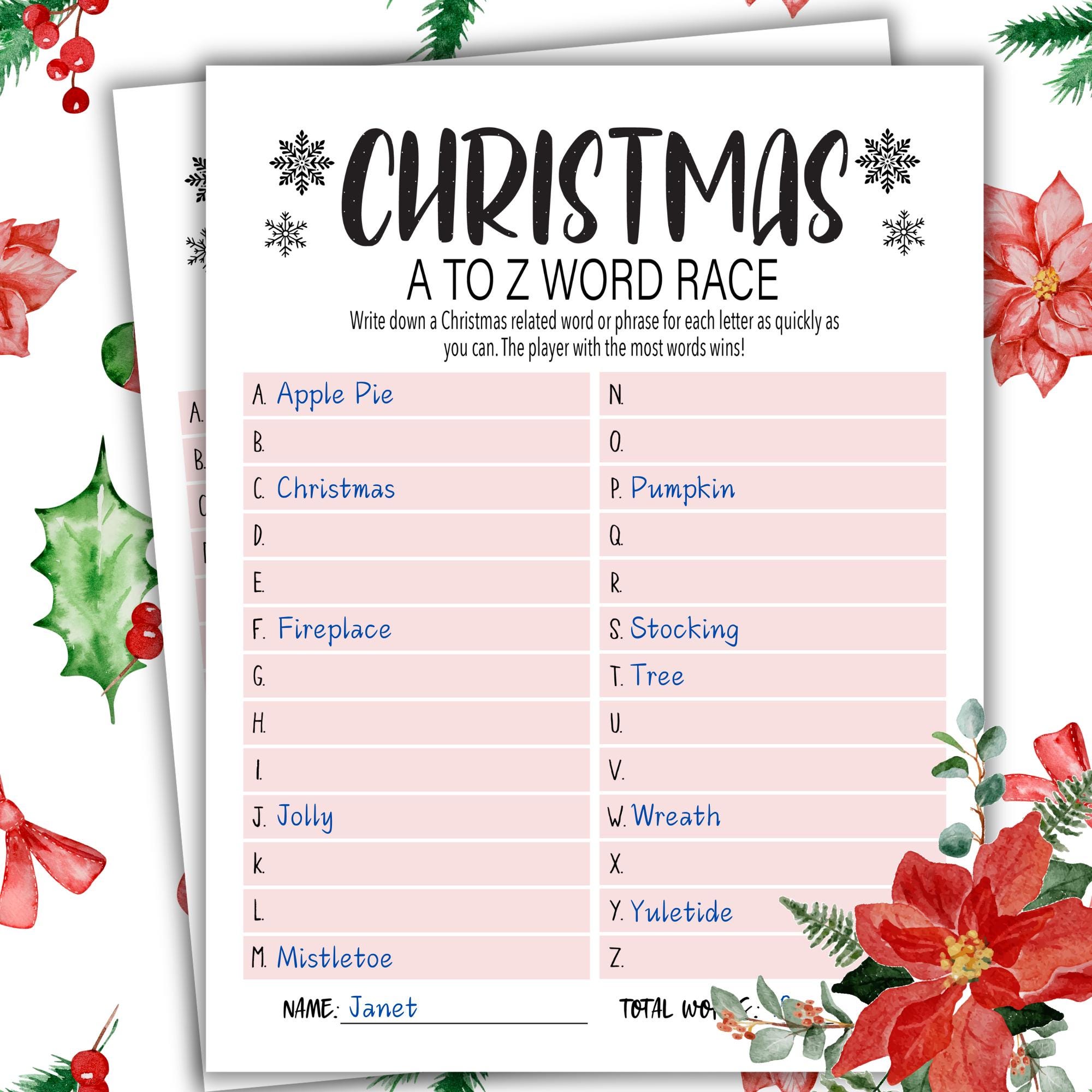 Christmas Printable Word Race Game | Christmas Gathering Game Night ...