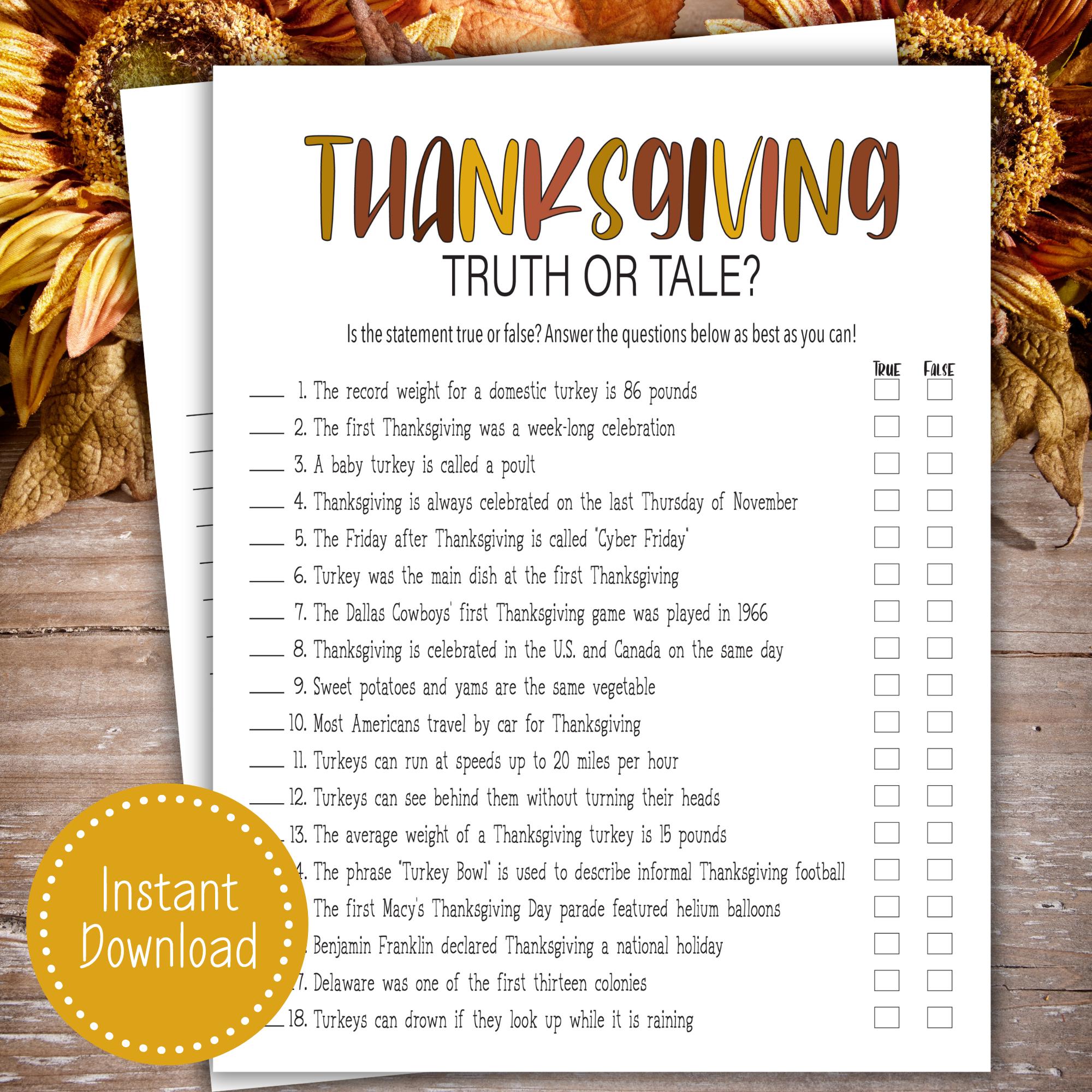 Thanksgiving True or False Questions Thanksgiving Game Night ...
