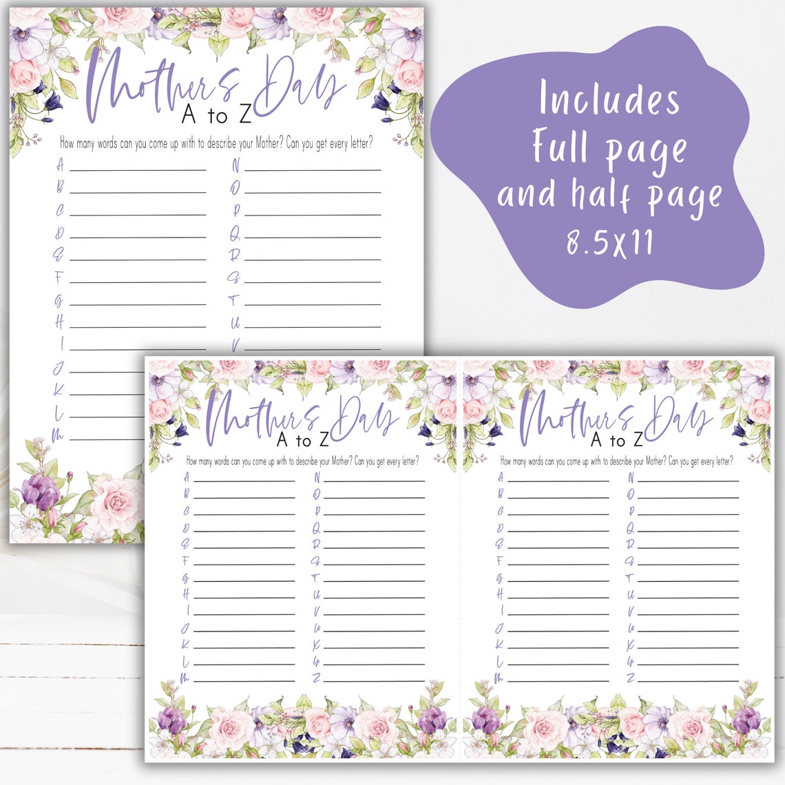 Mothers Day A to Z Printable Game | Floral Mothers Day Printable Game ...