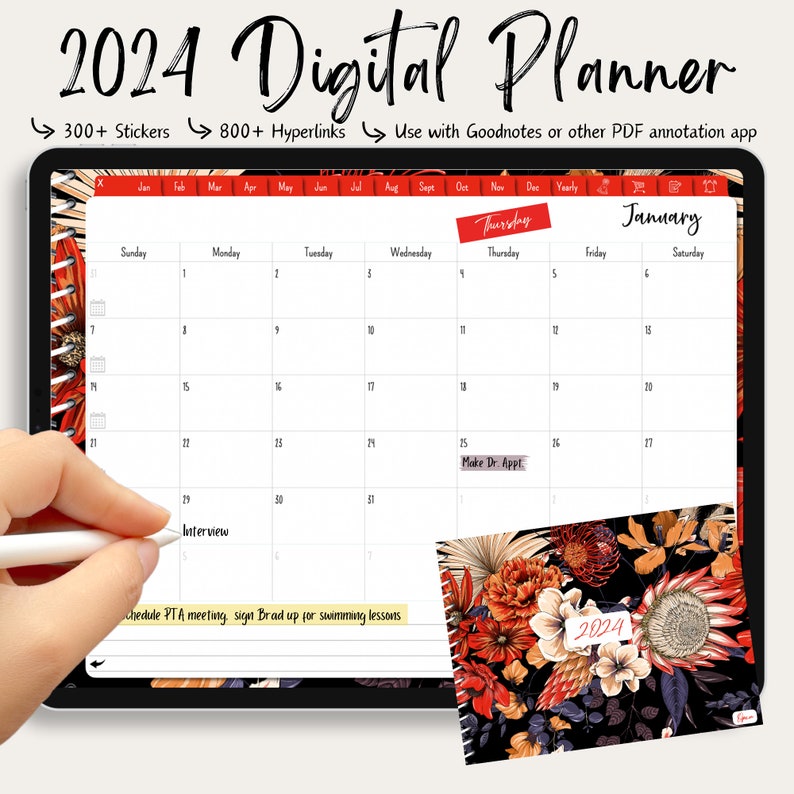 2024 Digital Planner Beautiful 2024 Red Floral Monthly Calendar PDF ...