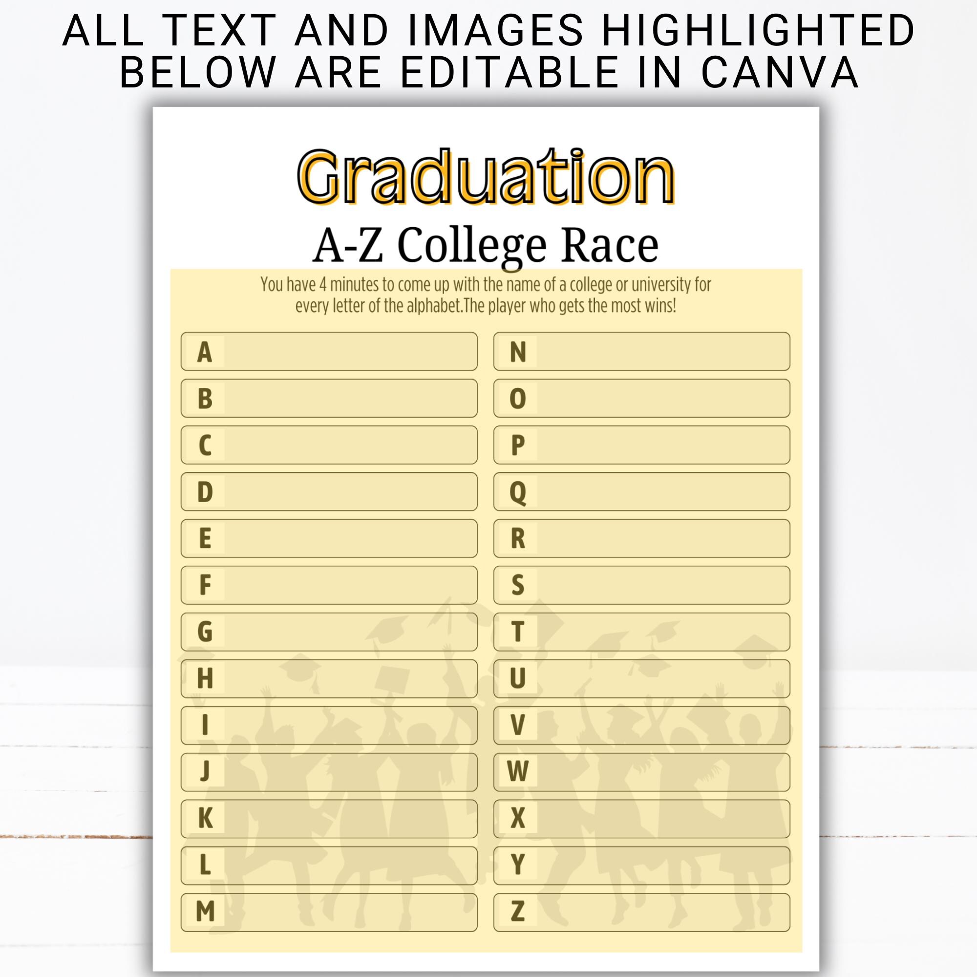 Editable A to Z College Race Game Printable Graduation Party Activity ...