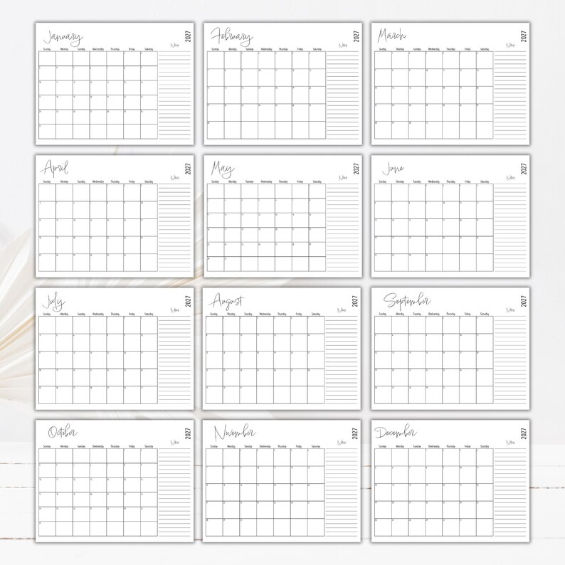 Calendario imprimible y editable 2026-27 con notas / Formato horizontal ...