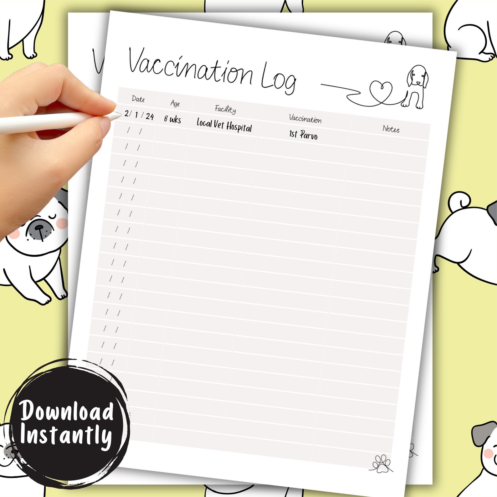 Puppy Vaccination Log | Printable Dog Vaccination Log | Dog Vaccination ...
