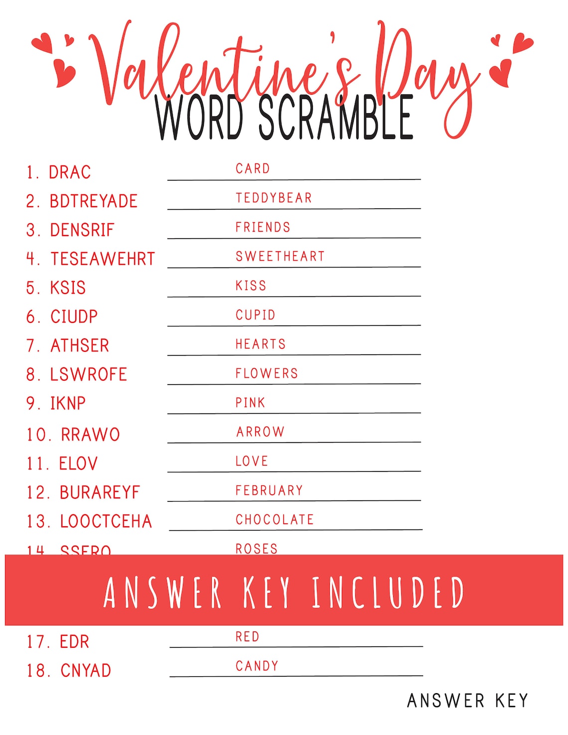 Valentines Day Word Scramble Valentines Printable Games - Etsy