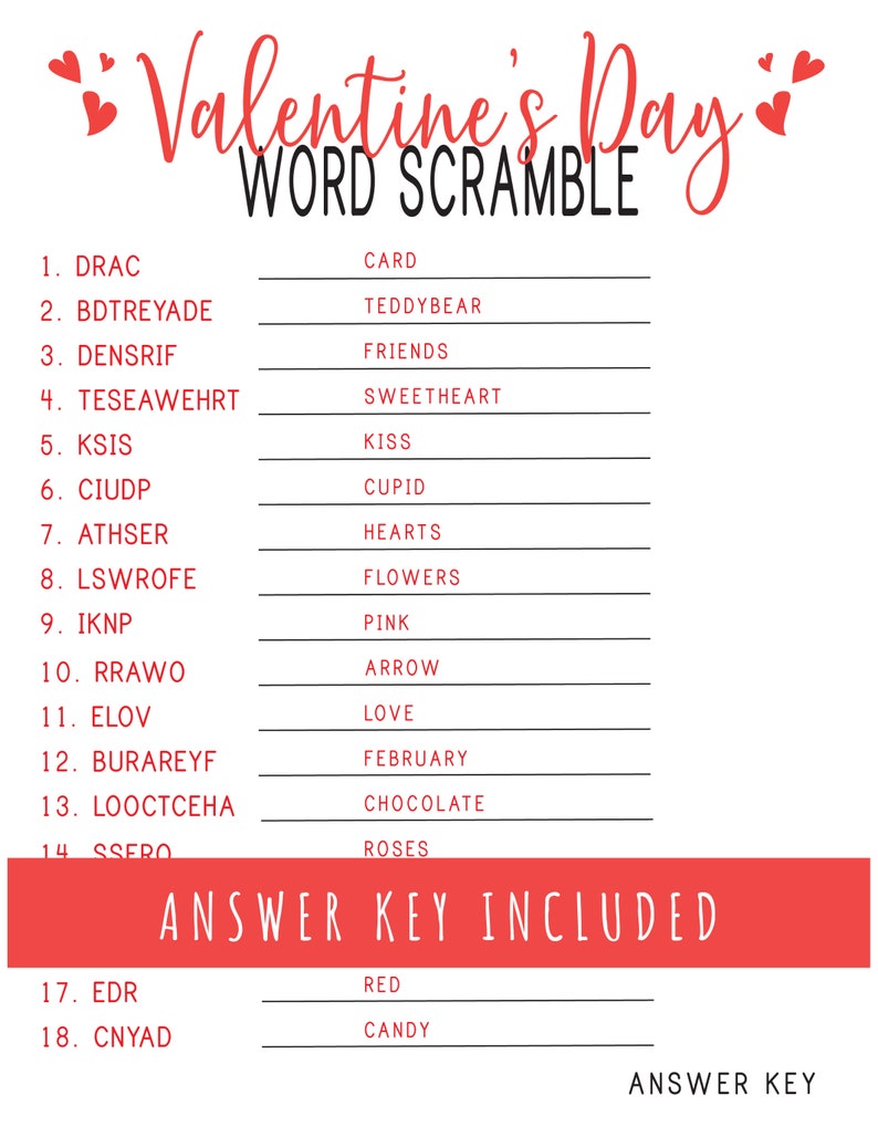 Valentines Day Word Scramble | Valentines Printable Games | Printable ...