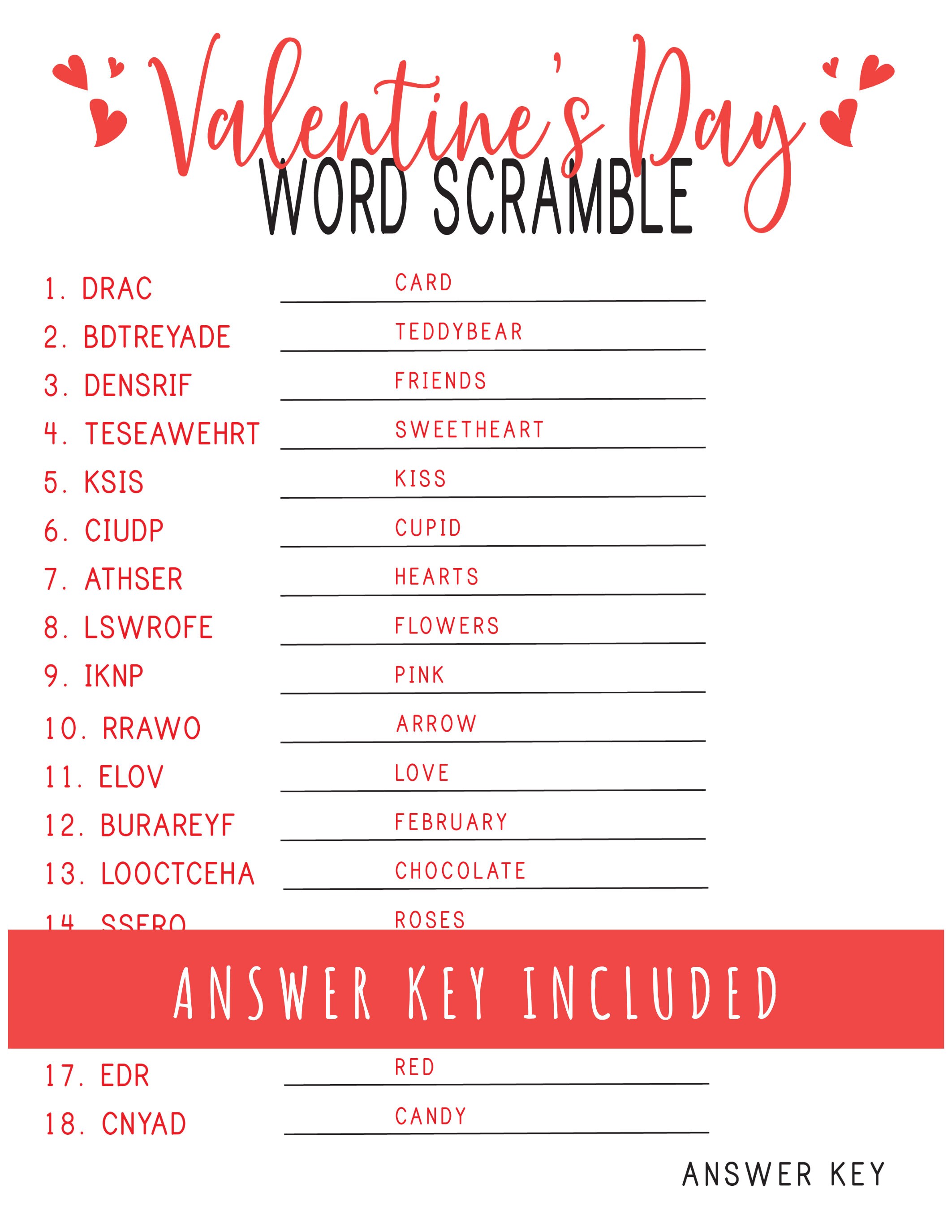 Valentines Day Word Scramble | Valentines Printable Games | Printable ...