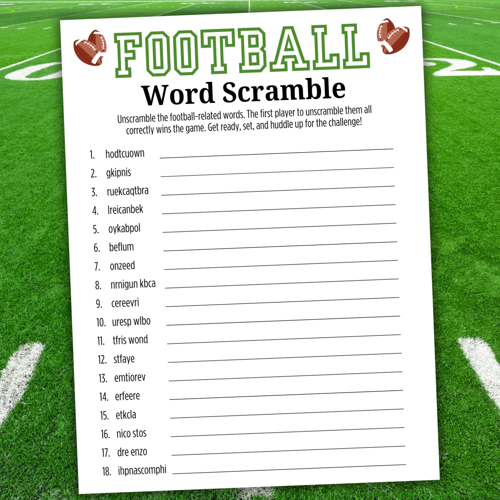 Printable Football Word Scramble Game | Football Draft Party Game ...