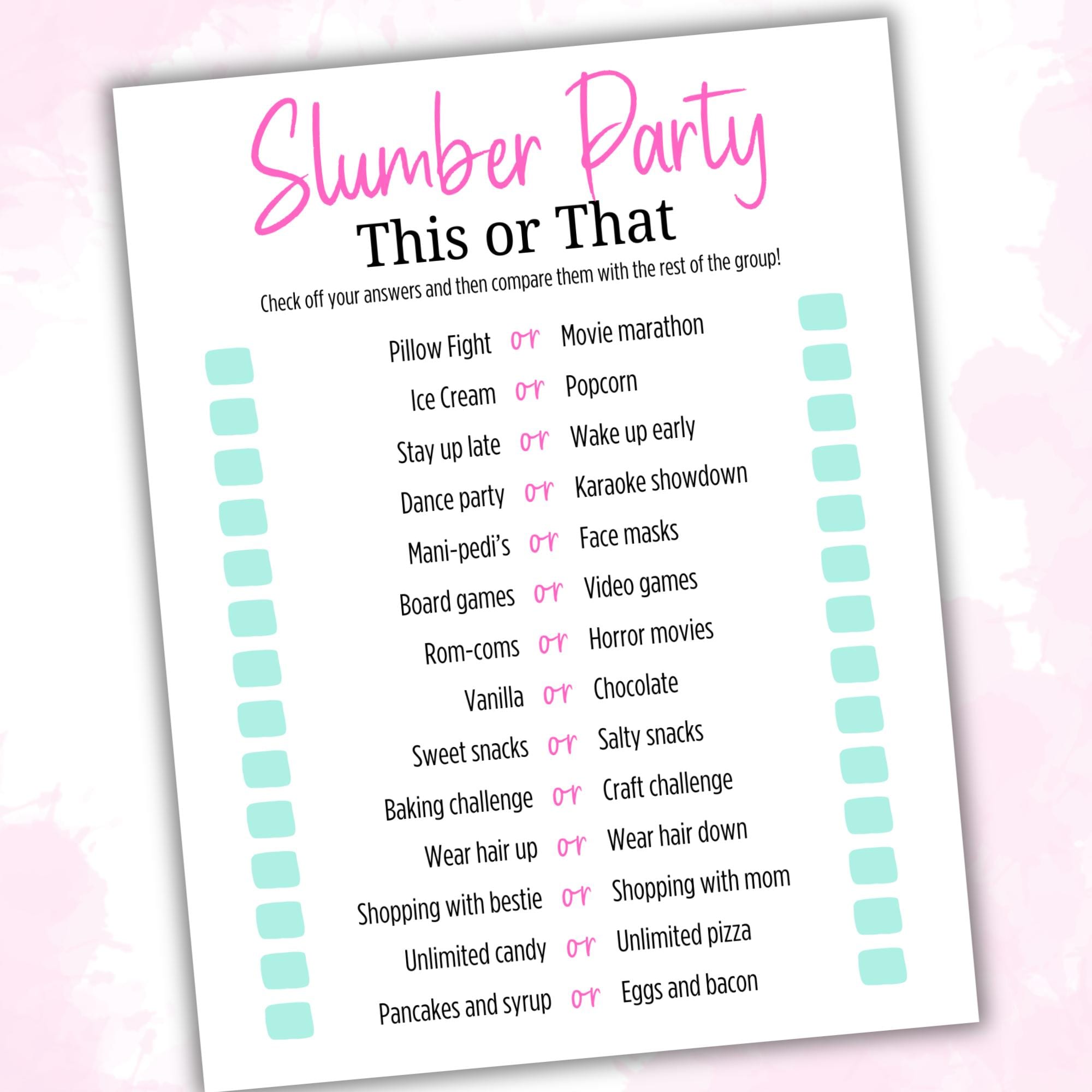 Fun Printable Editable Slumber Party This or That Game | Girl Teen or ...