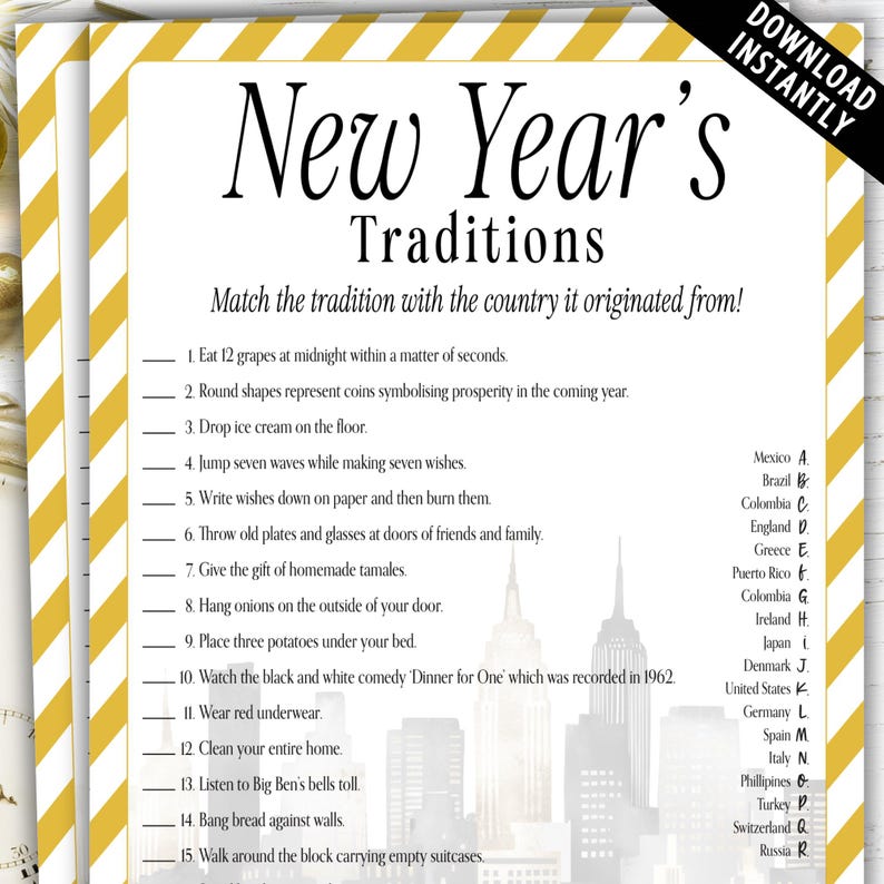 New Years Traditions Printable Game | New Years Around the Country for ...