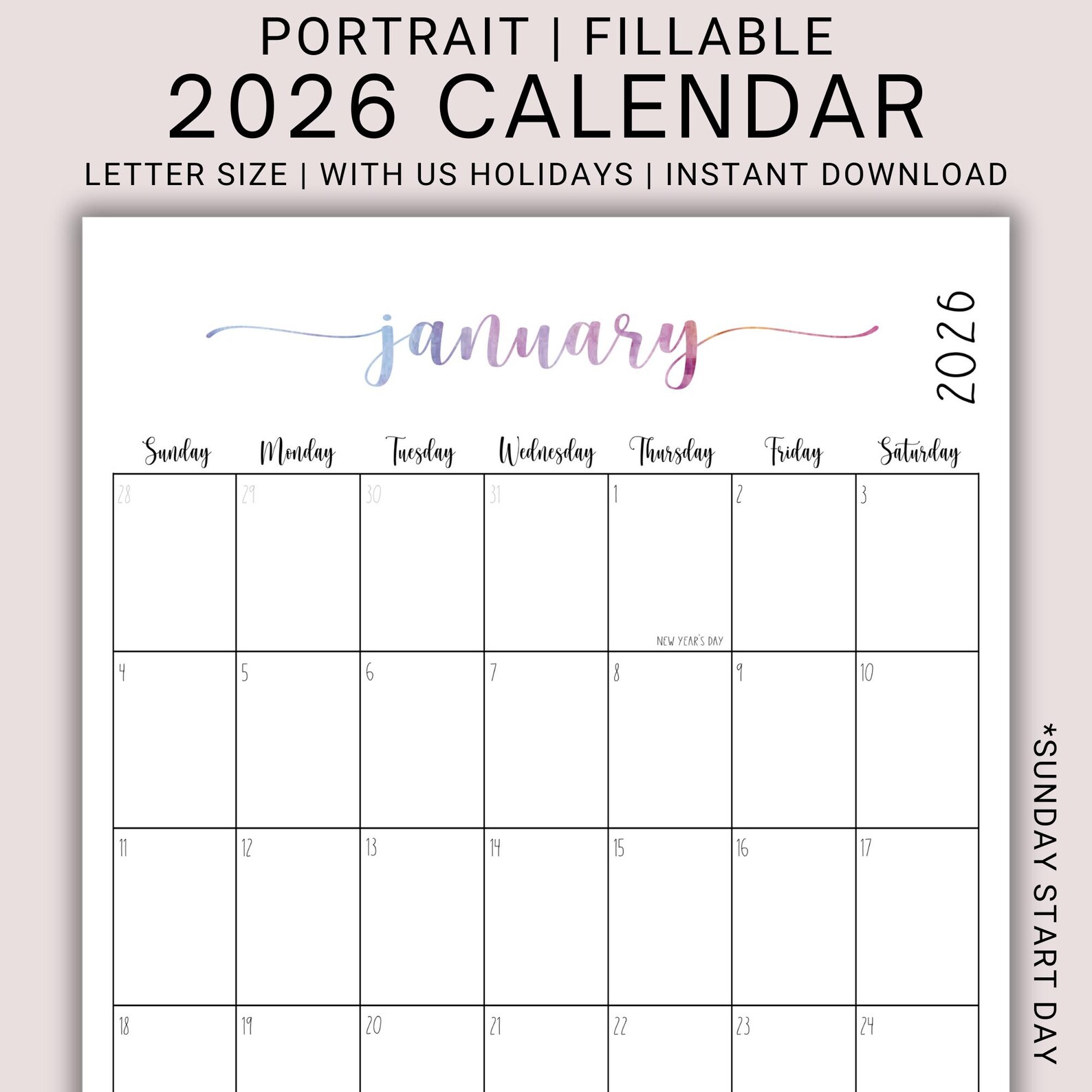 Printable Editable 2026 Calendar | Portrait US Letter 2026 Calendar ...