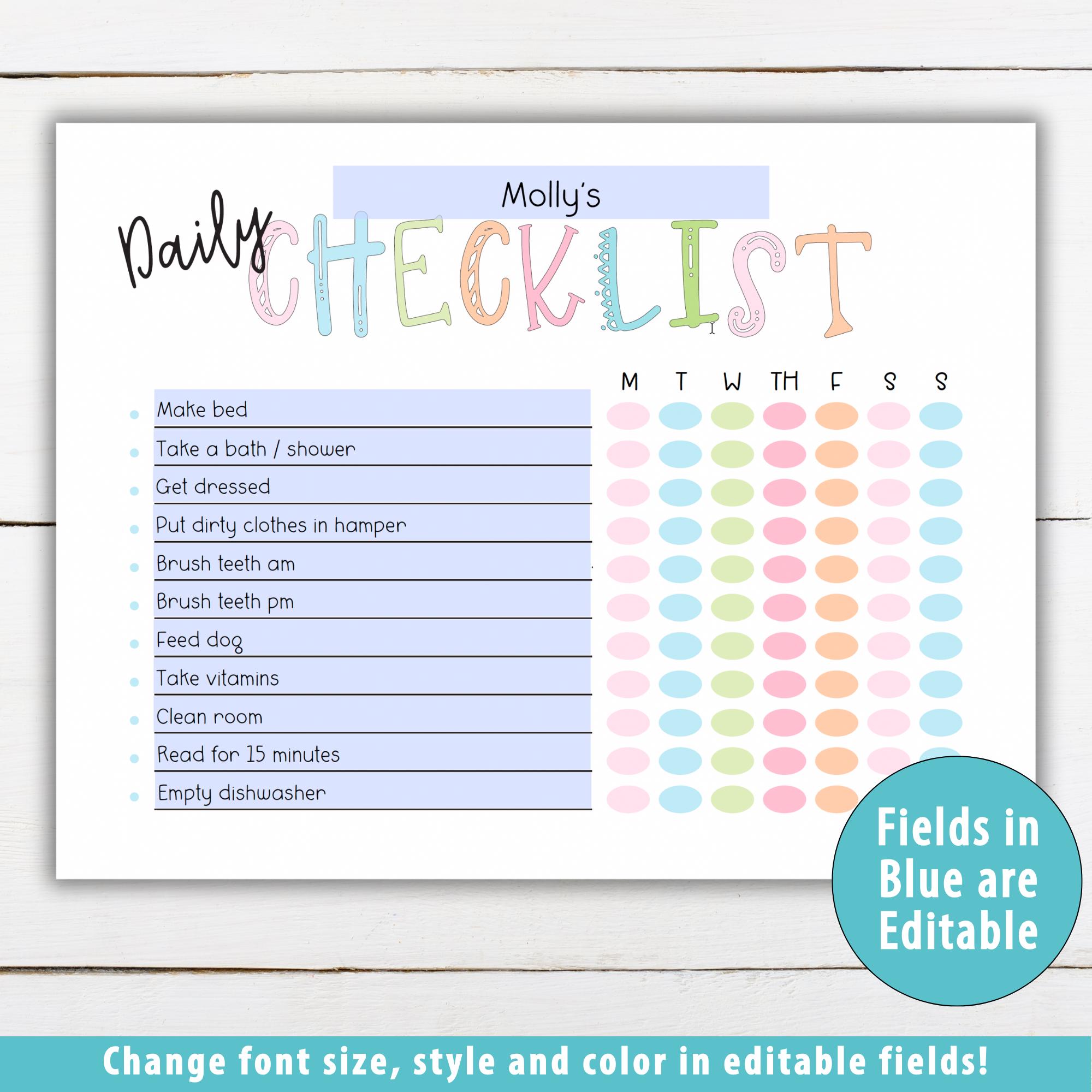 Printable Editable Kids Daily Checklist | Kids Chore Chart | Daily ...