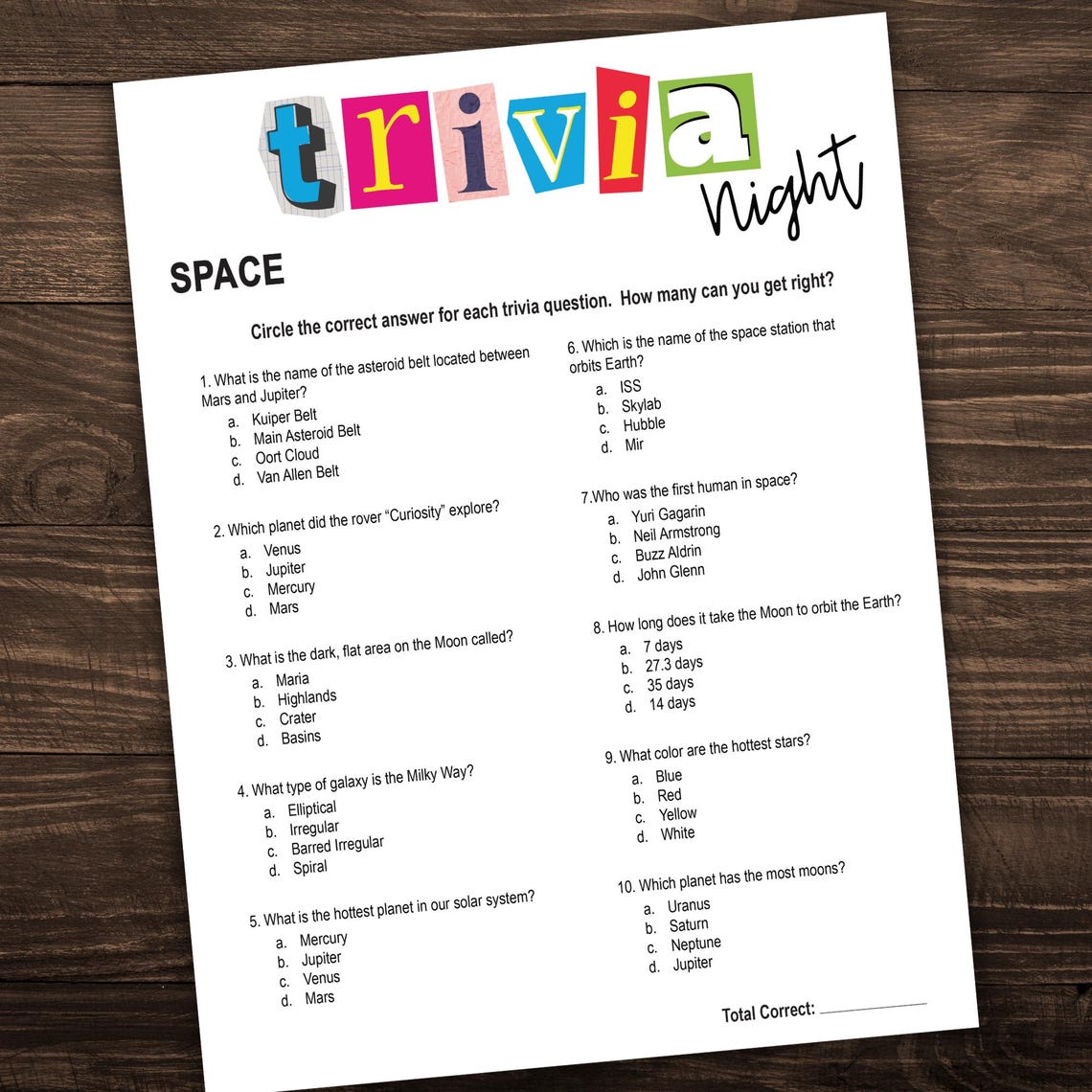 Printable Space Trivia Game | Pub Trivia Game Night | Team Building ...