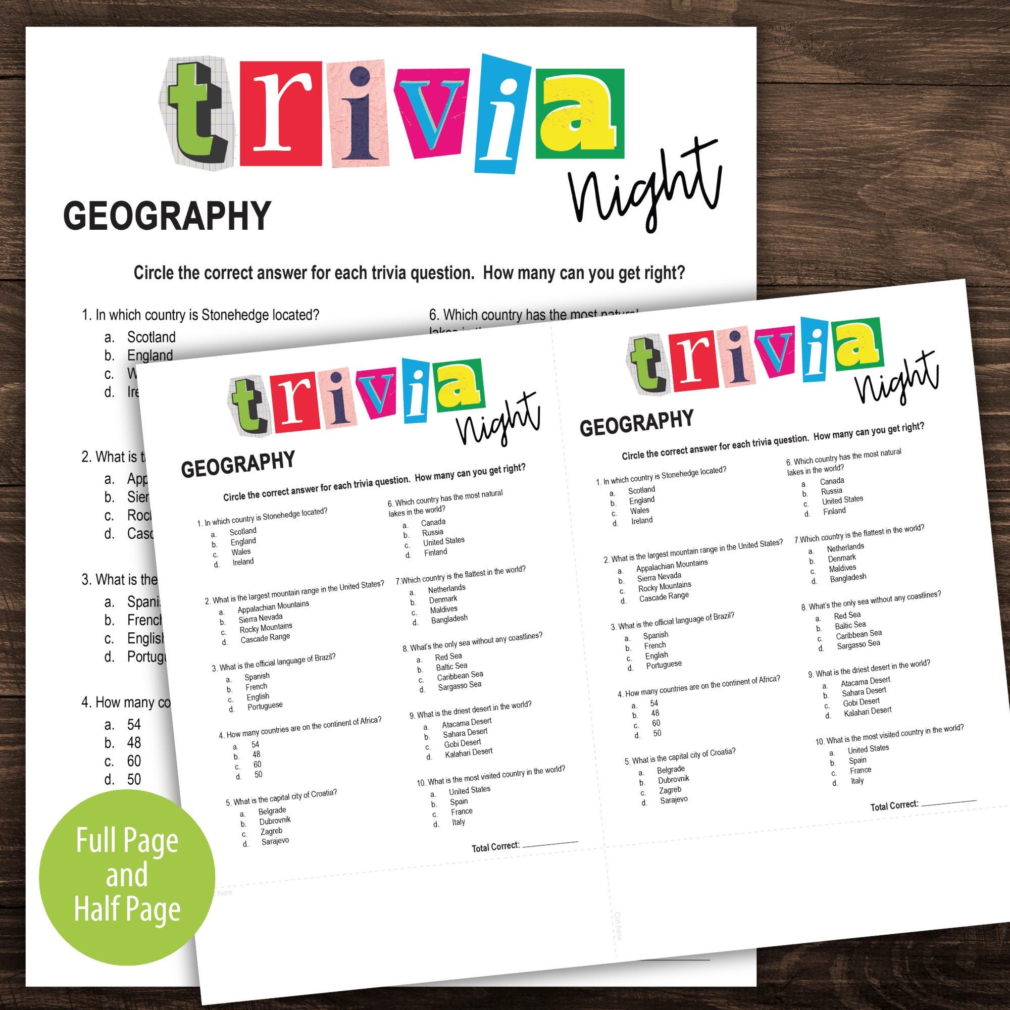 Printable Geography Trivia Game | Pub Trivia Game Night | Team Building ...