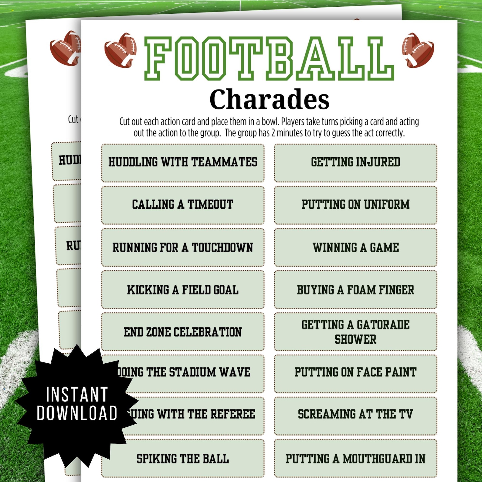 Printable Football Charades Game | Football Party Act Out Football ...