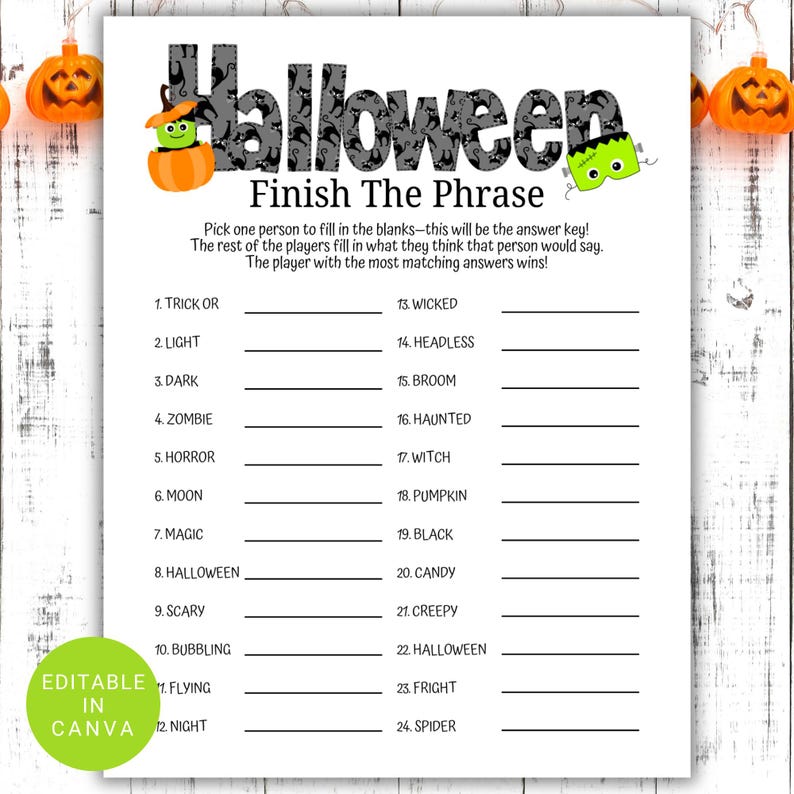 Printable and Editable Halloween Finish the Phrase Game | Halloween PDF ...