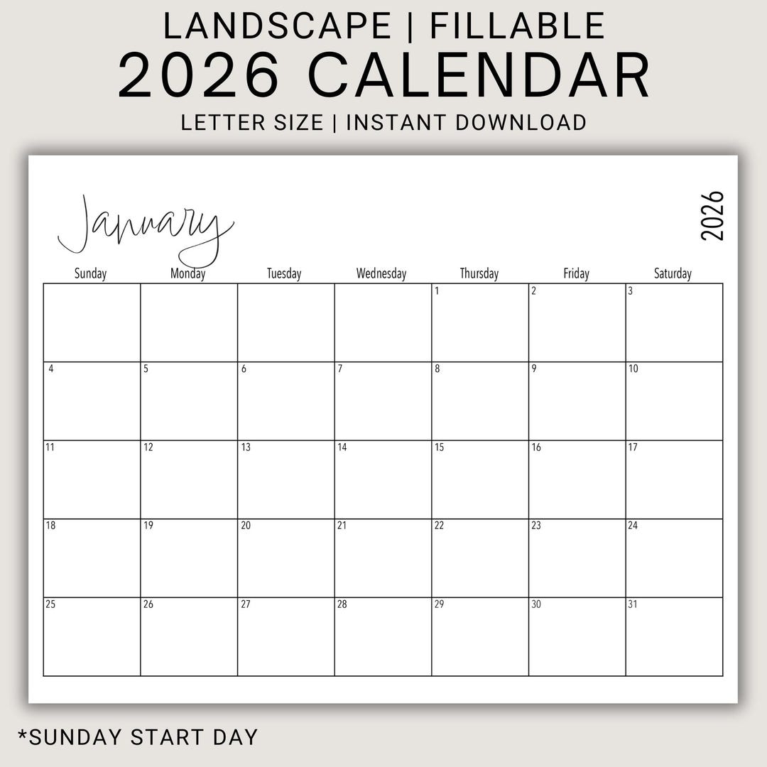 Printable Editable 2026 Calendar | Landscape US Letter | Horizontal ...