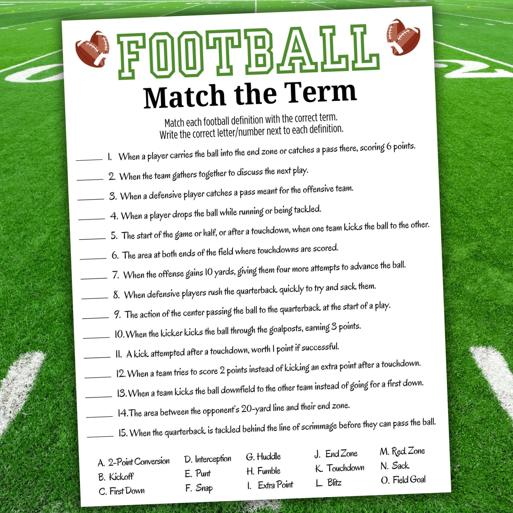 Printable Football Match the Term Game Football Party Activity Football ...